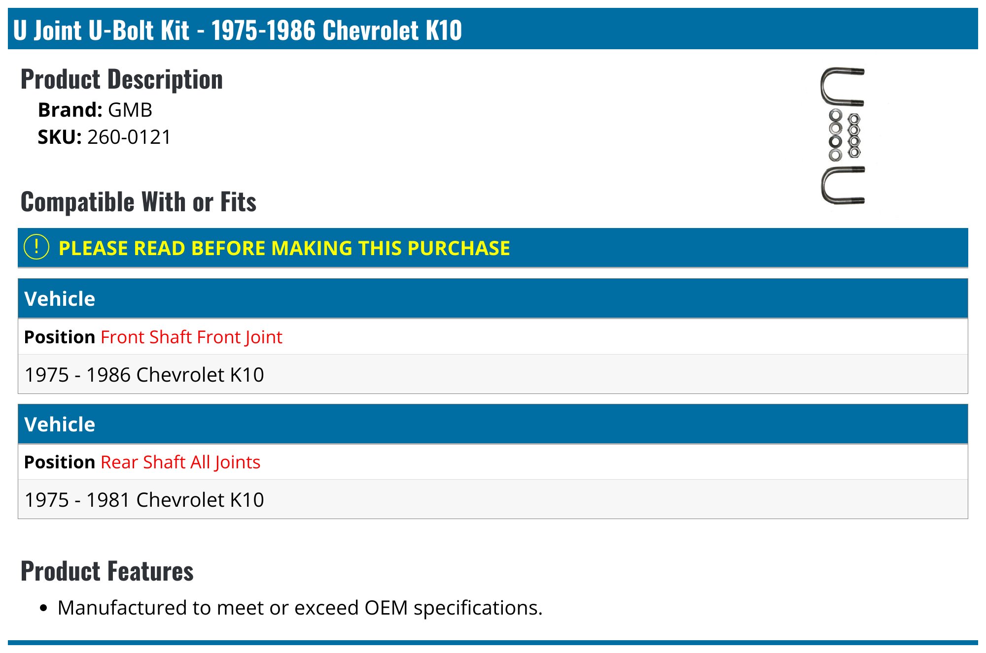 1975-1986 Chevrolet K10 U Joint U-Bolt Kit - GMB 260-0121 - Rear Shaft ...