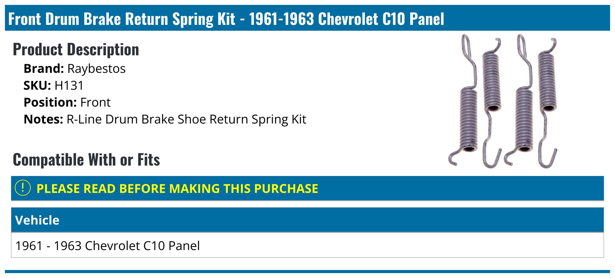 1961-1963 Chevrolet C10 Panel Drum Brake Return Spring Kit - Raybestos ...