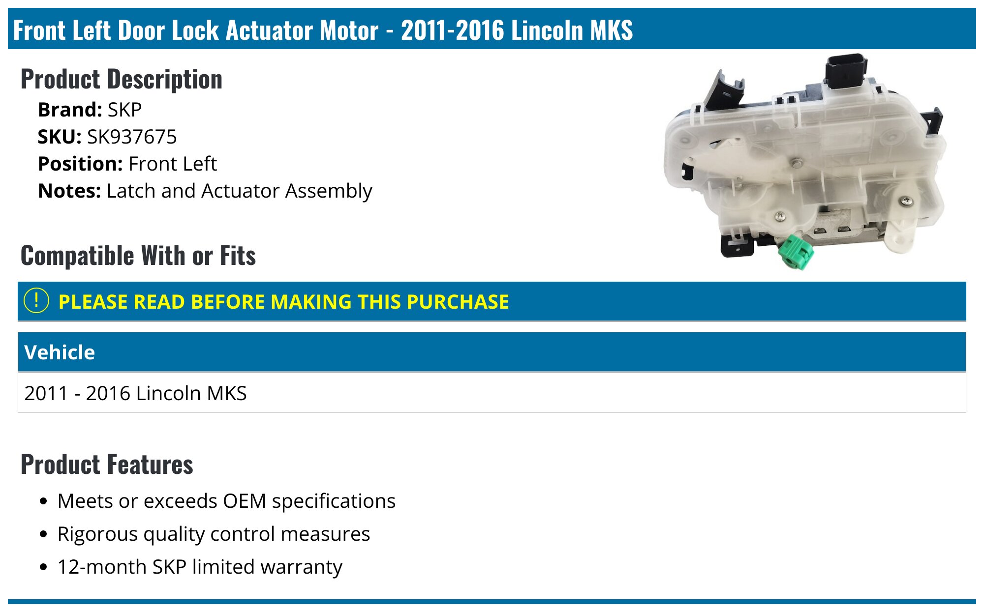 2011-2016 Lincoln MKS Door Lock Actuator - SKP SK937675 - Front Left ...