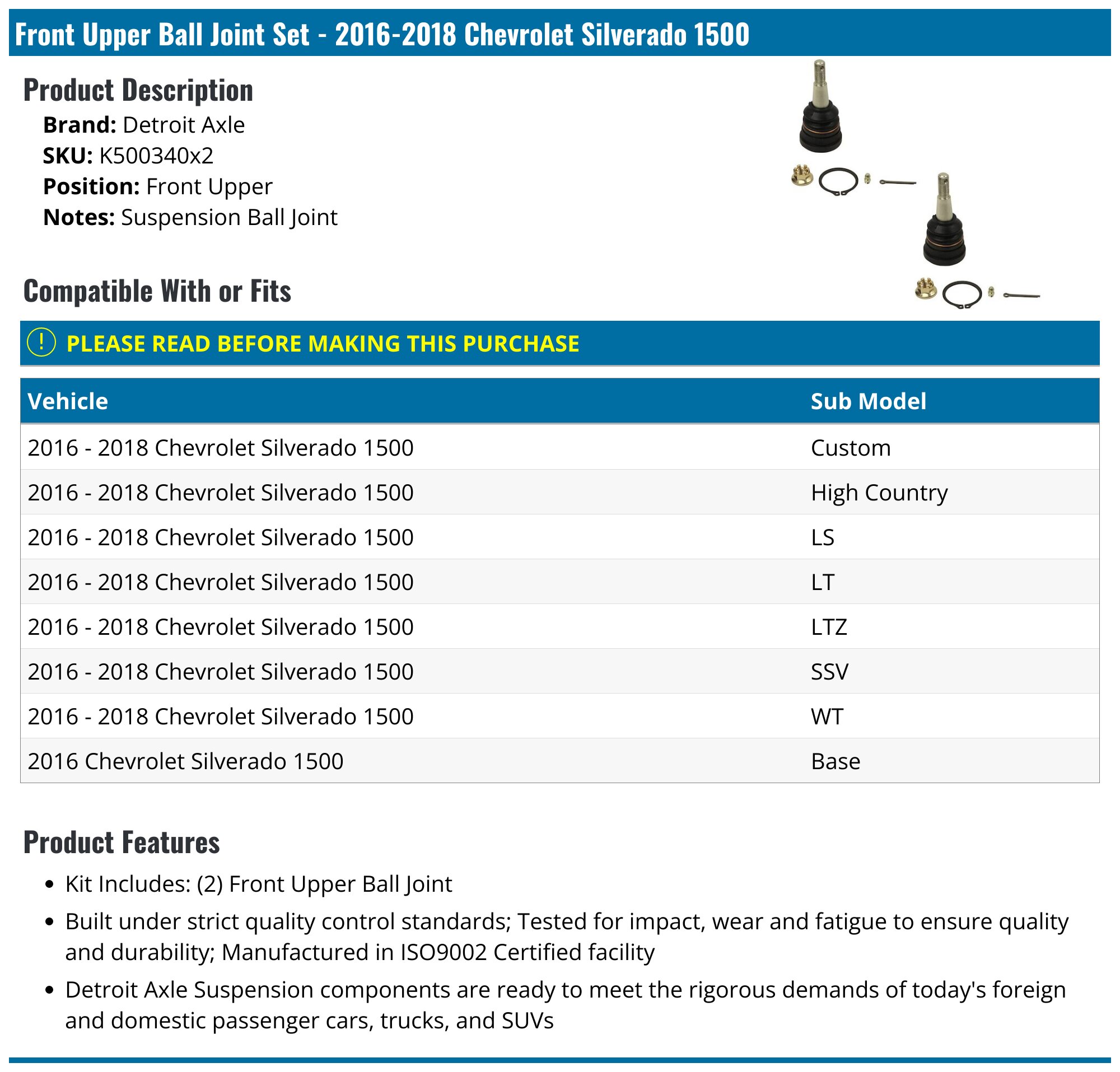 2016-2018 Chevrolet Silverado 1500 Ball Joint - Detroit Axle K500340x2 ...