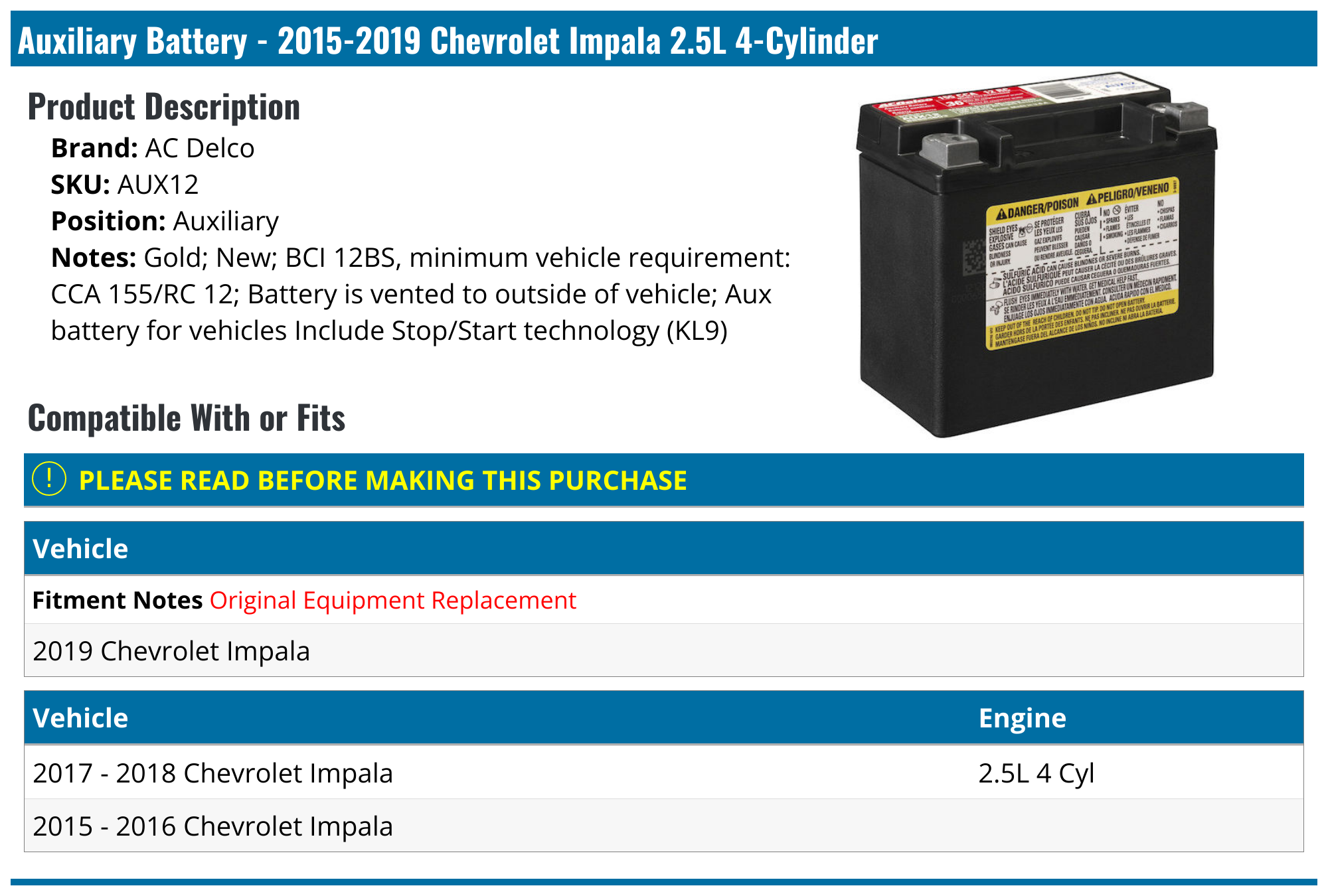 2015-2019 Chevrolet Impala Battery - AC Delco AUX12 - Auxiliary ...