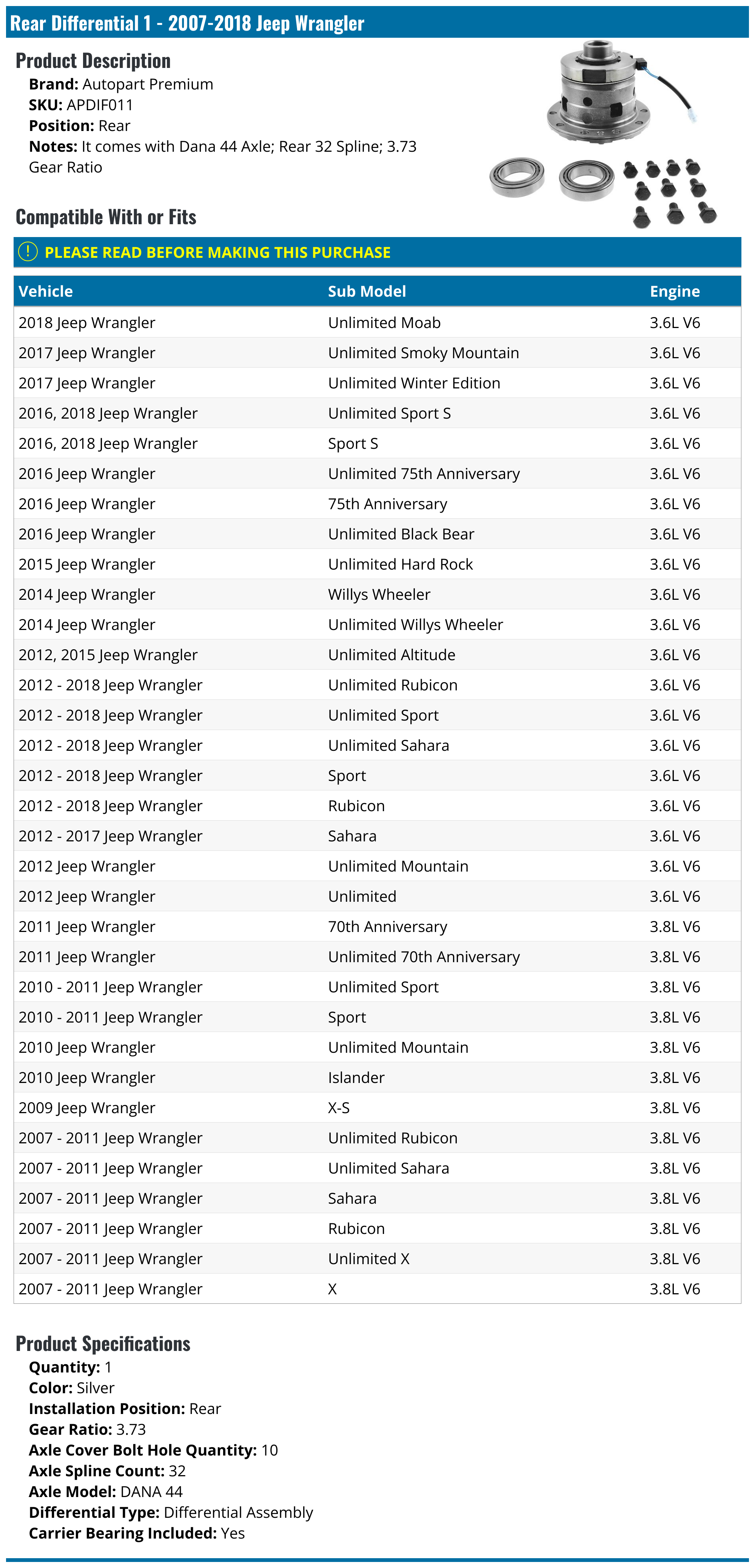 2007-2018 Jeep Wrangler Differential - Autopart Premium APDIF011 - Rear ...