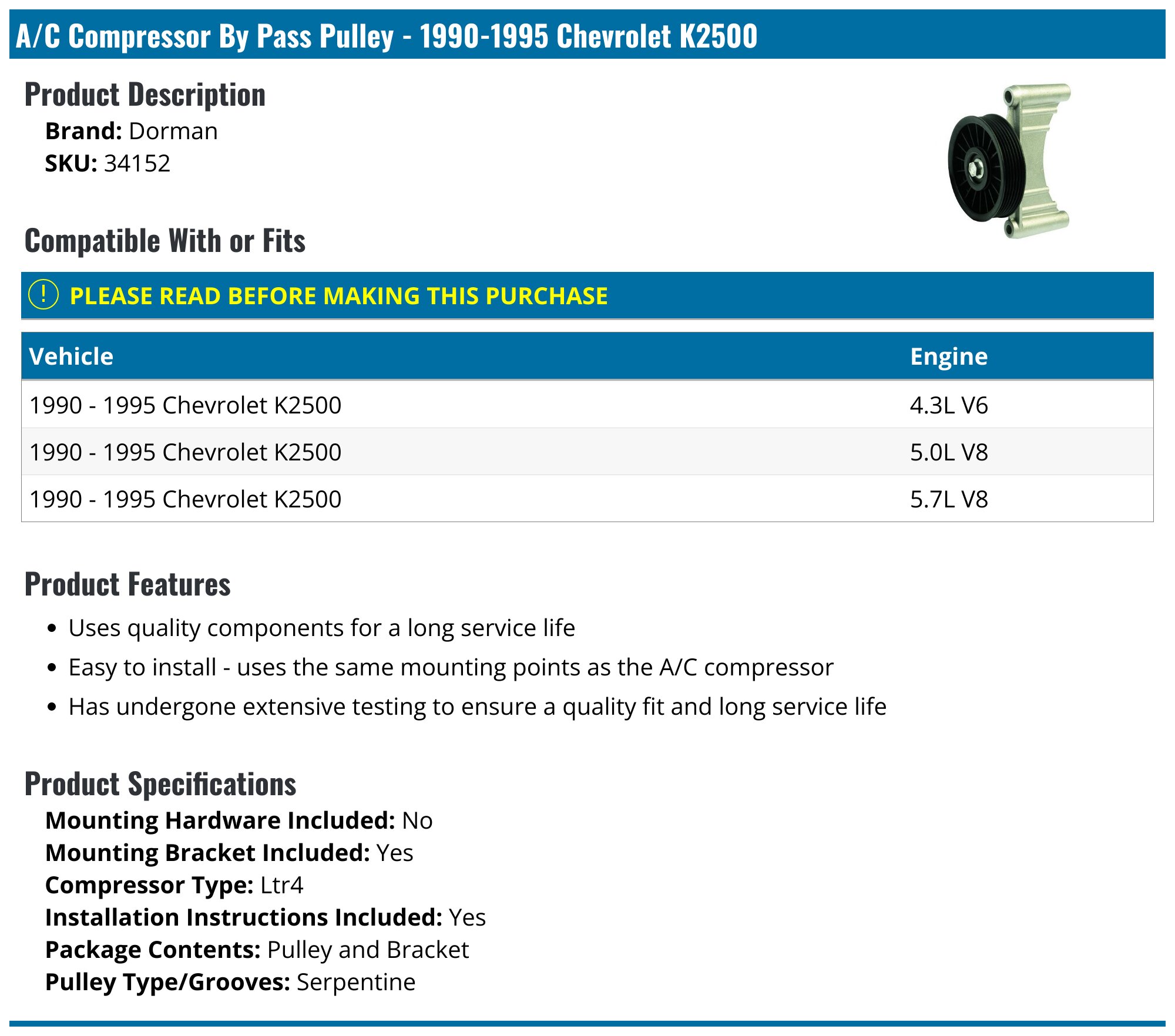 1990-1995 Chevrolet K2500 A/C Compressor By Pass Pulley - Dorman 34152 ...