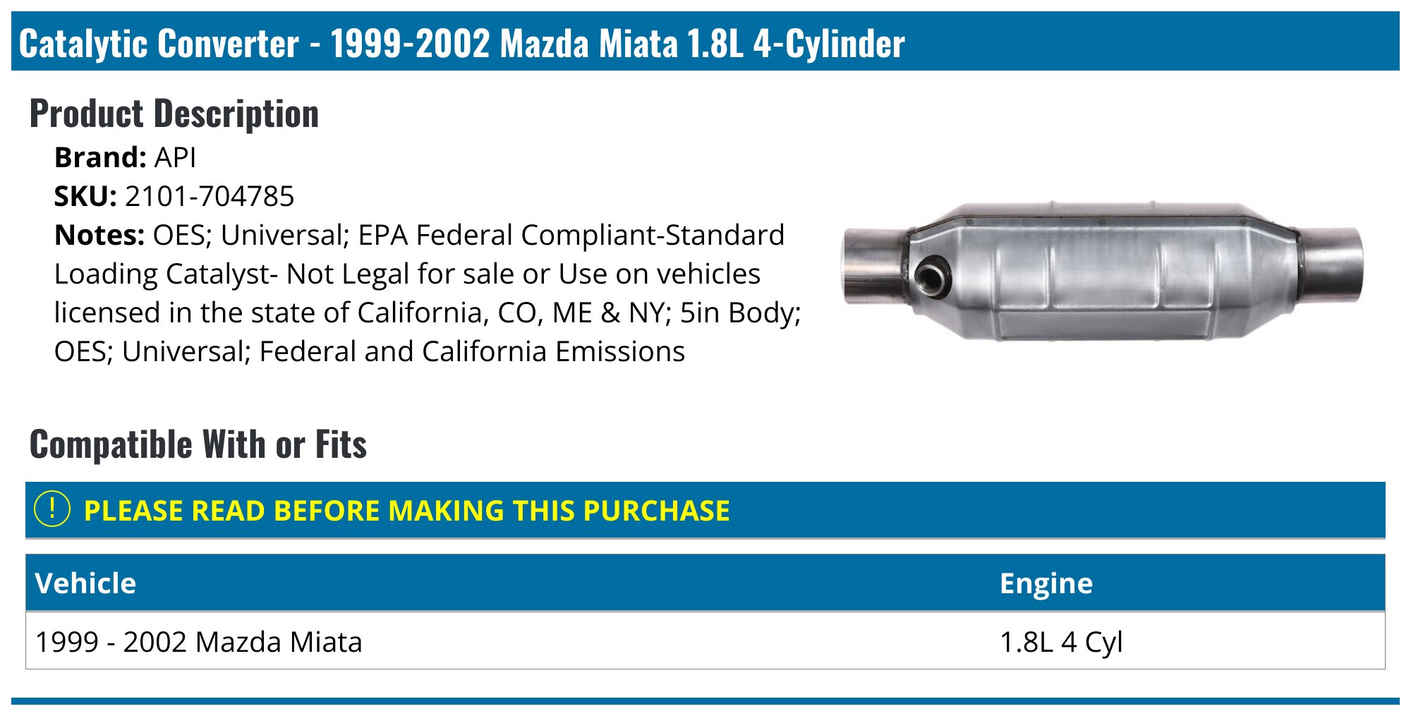 1999-2002 Mazda Miata Catalytic Converter - API 8544-02262858 ...