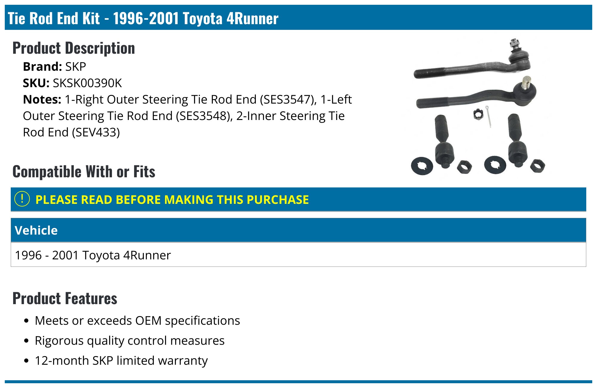 1996-2001 Toyota 4Runner Tie Rod End - SKP SKSK00390K - PartsGeek.com