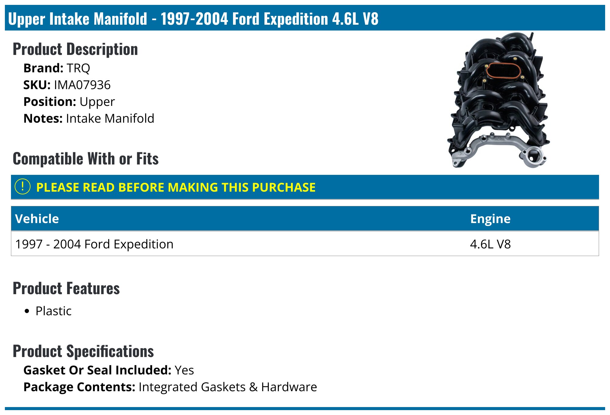 1997-2004 Ford Expedition Intake Manifold - TRQ IMA07936 - Upper ...