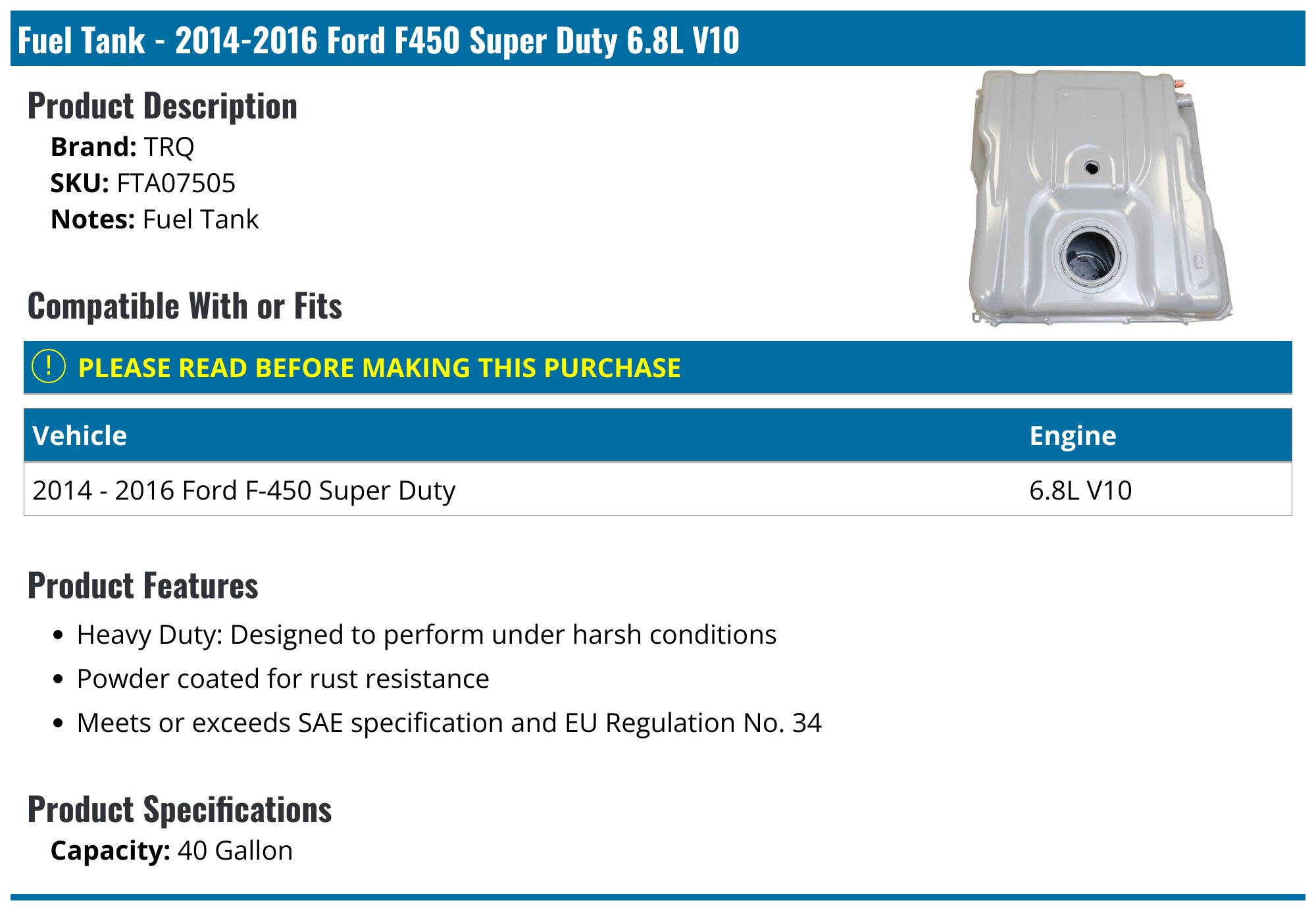 2014-2016 Ford F450 Super Duty Fuel Tank - TRQ FTA07505 - PartsGeek.com