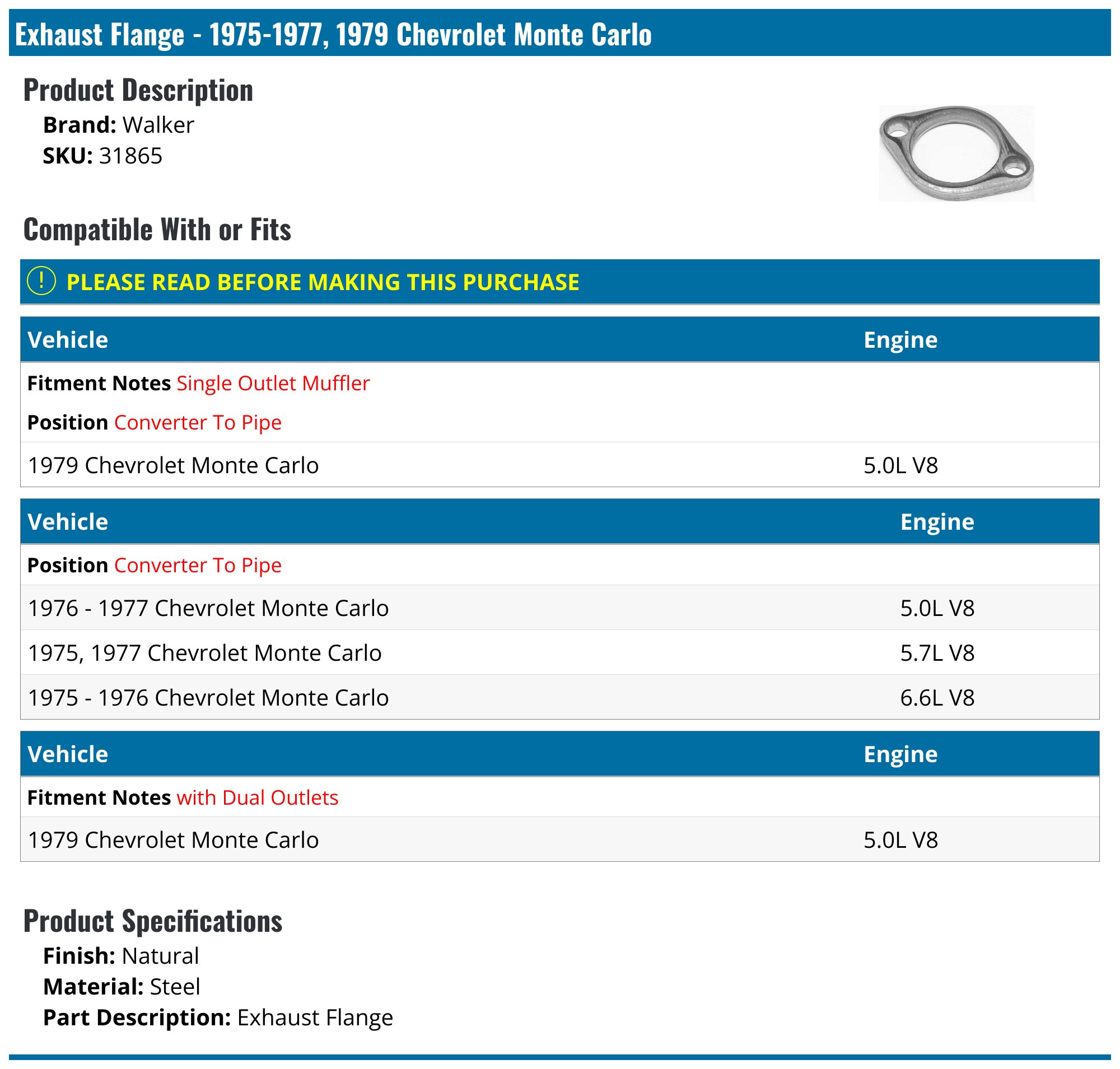 1975-1977, 1979 Chevrolet Monte Carlo Exhaust Flange - Walker 31865 ...