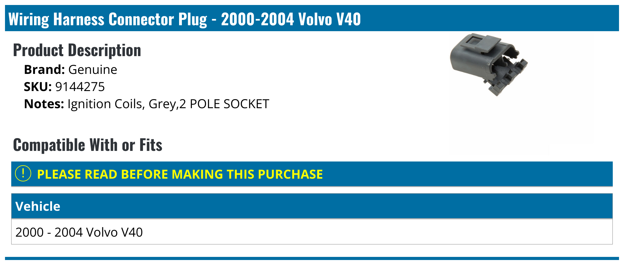 2000-2004 Volvo V40 Wiring Harness Connector Plug - Genuine 9144275 ...