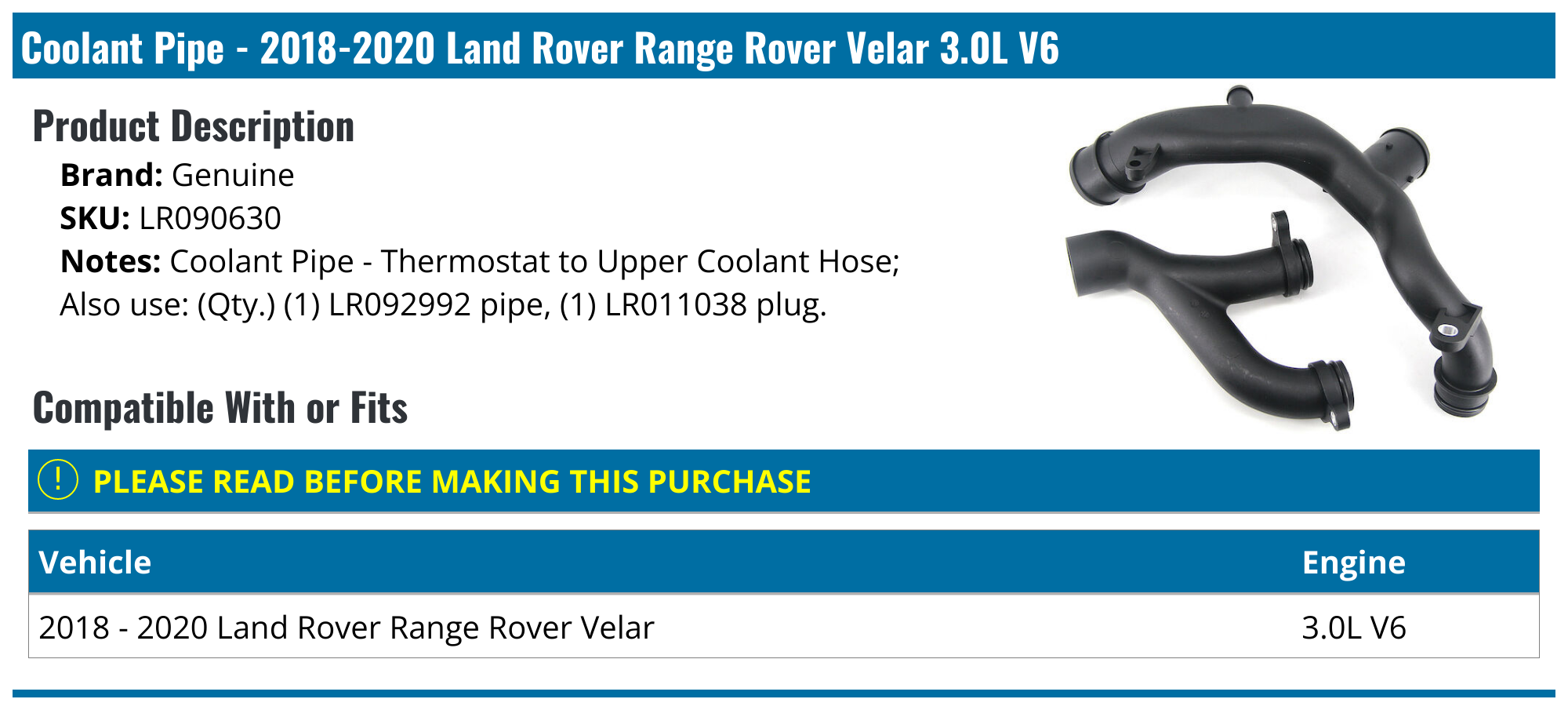2018-2020 Land Rover Range Rover Velar Coolant Pipe - Genuine LR090630 ...