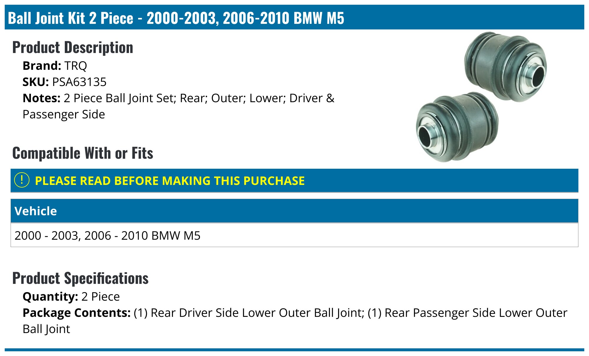 2000-2003, 2006-2010 BMW M5 Ball Joint - TRQ PSA63135 - Rear Lower ...