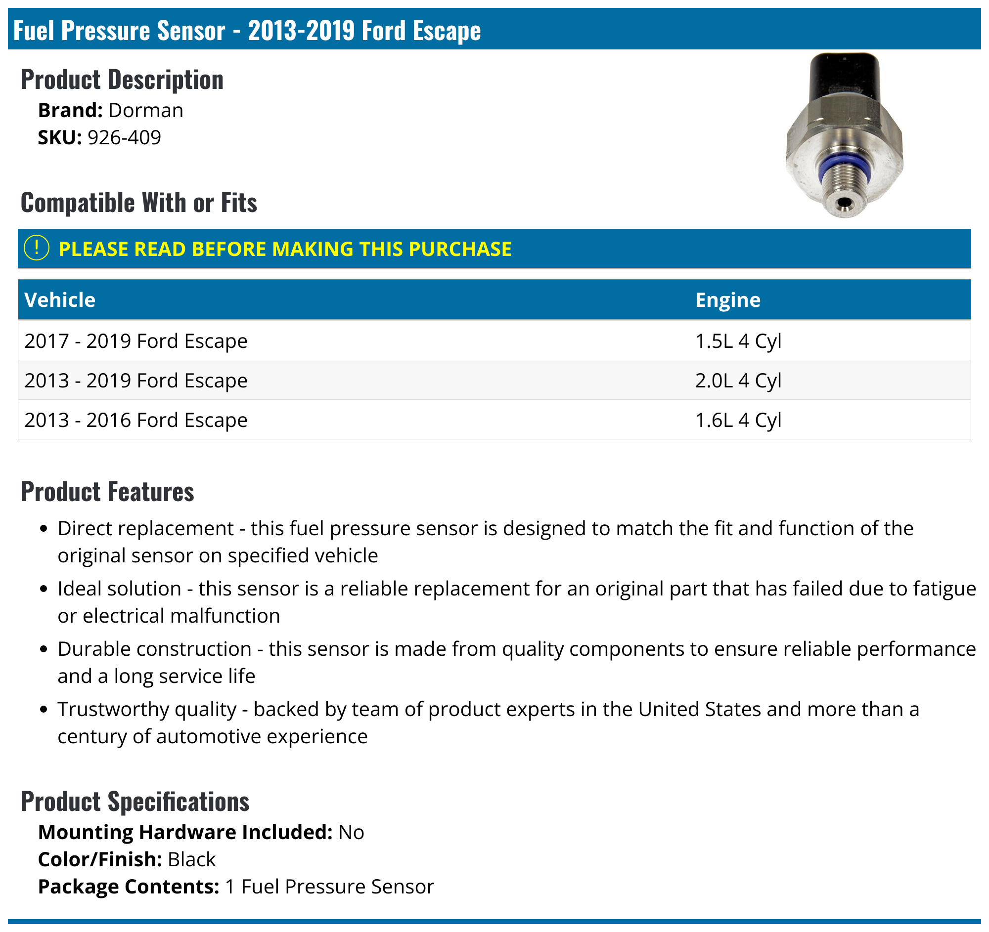 2013-2019 Ford Escape Fuel Pressure Sensor - Dorman 926-409 - Fuel Tank ...