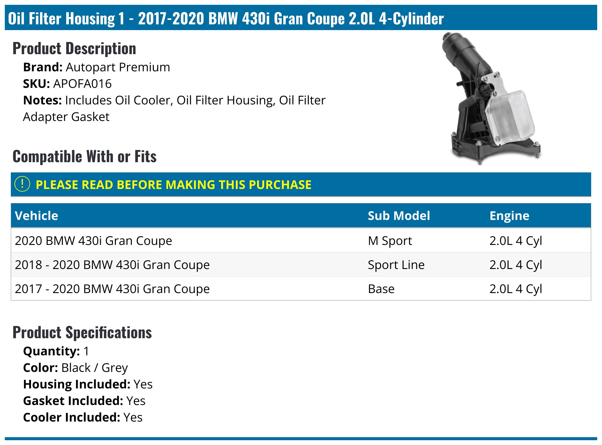 2017-2020 BMW 430i Gran Coupe Oil Filter Housing - Autopart Premium ...