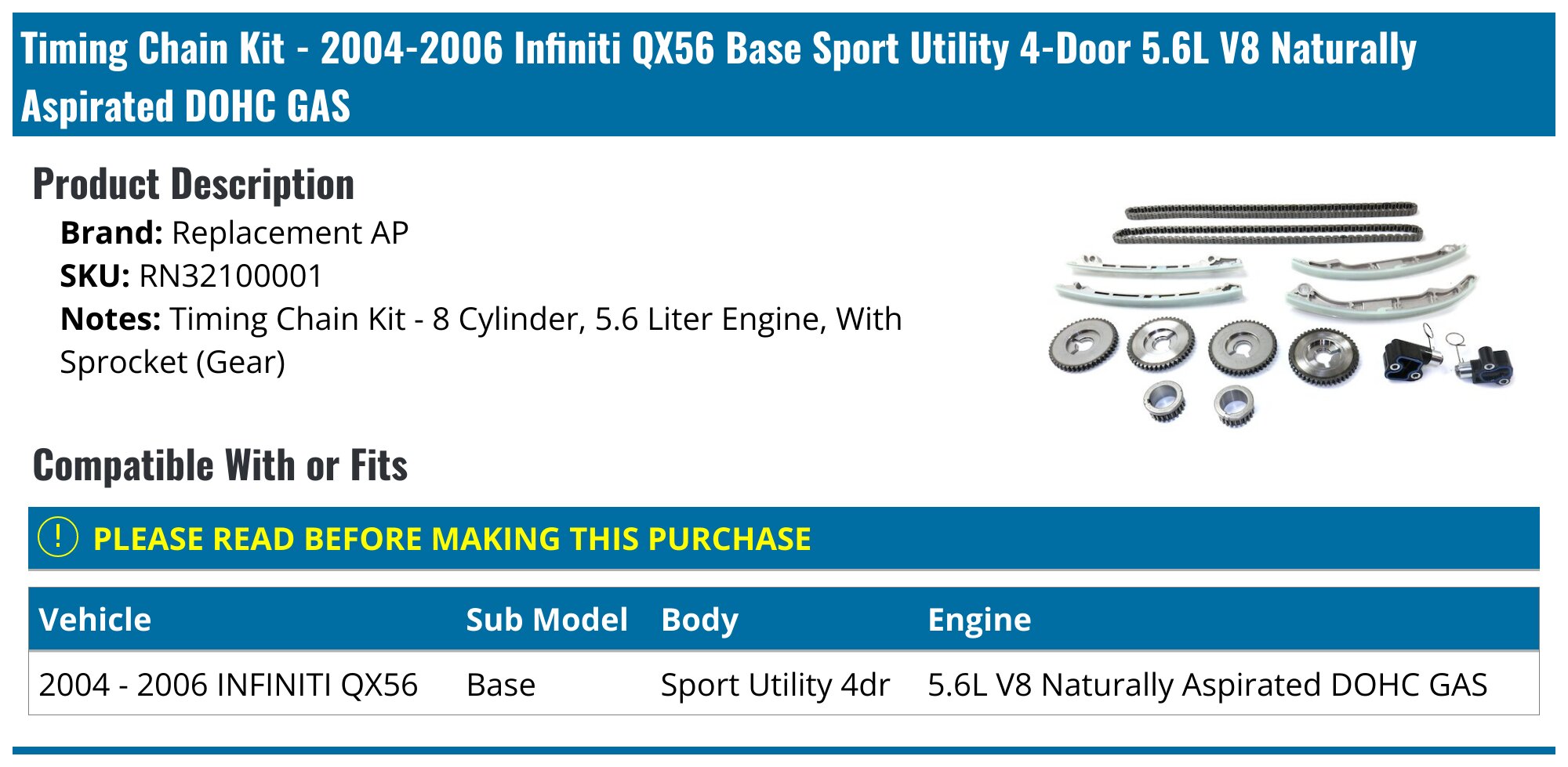 2004-2010 Infiniti QX56 Timing Chain - Replacement AP RN32100001 ...