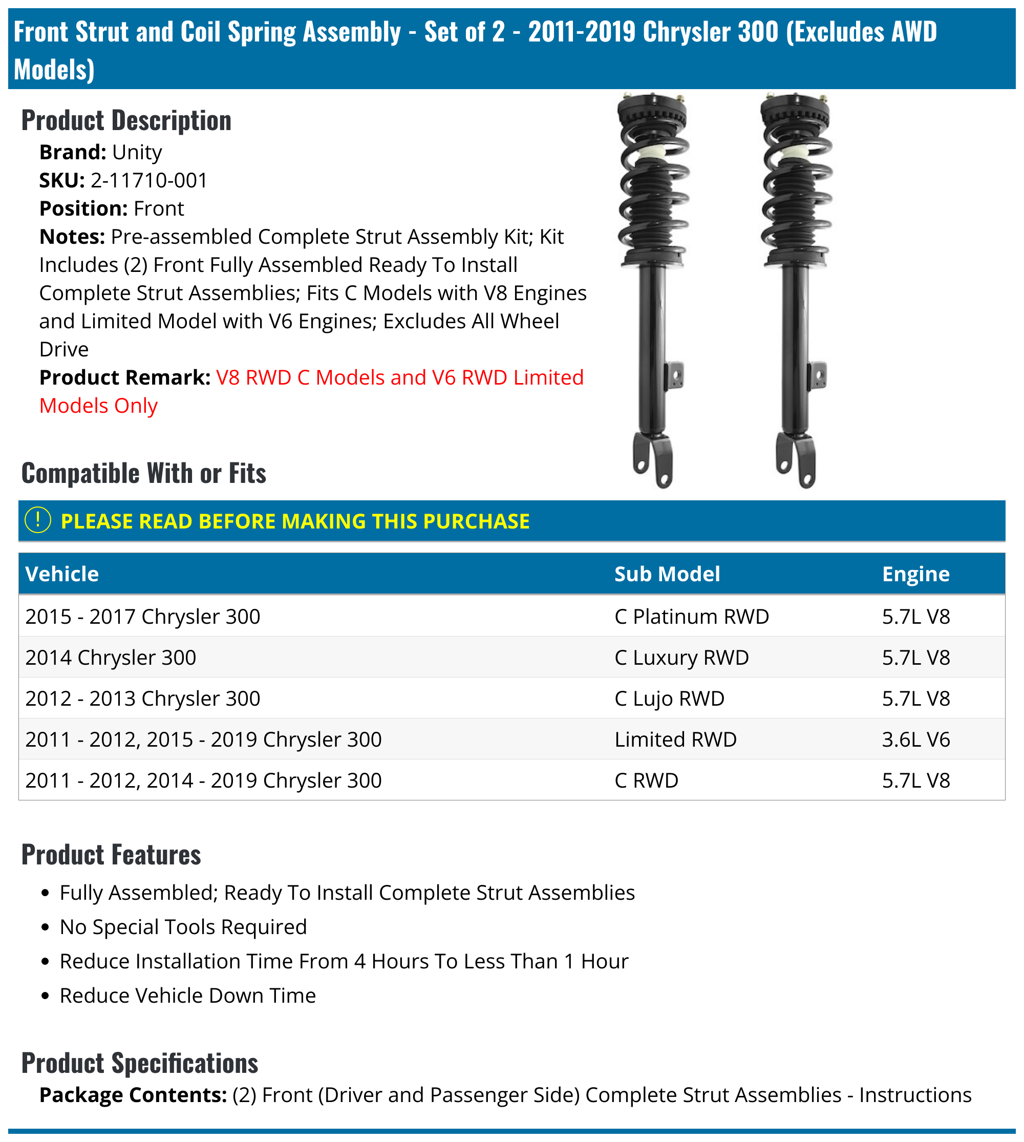 2011-2019 Chrysler 300 Strut Assembly - Unity 2-11710-001 - Front ...