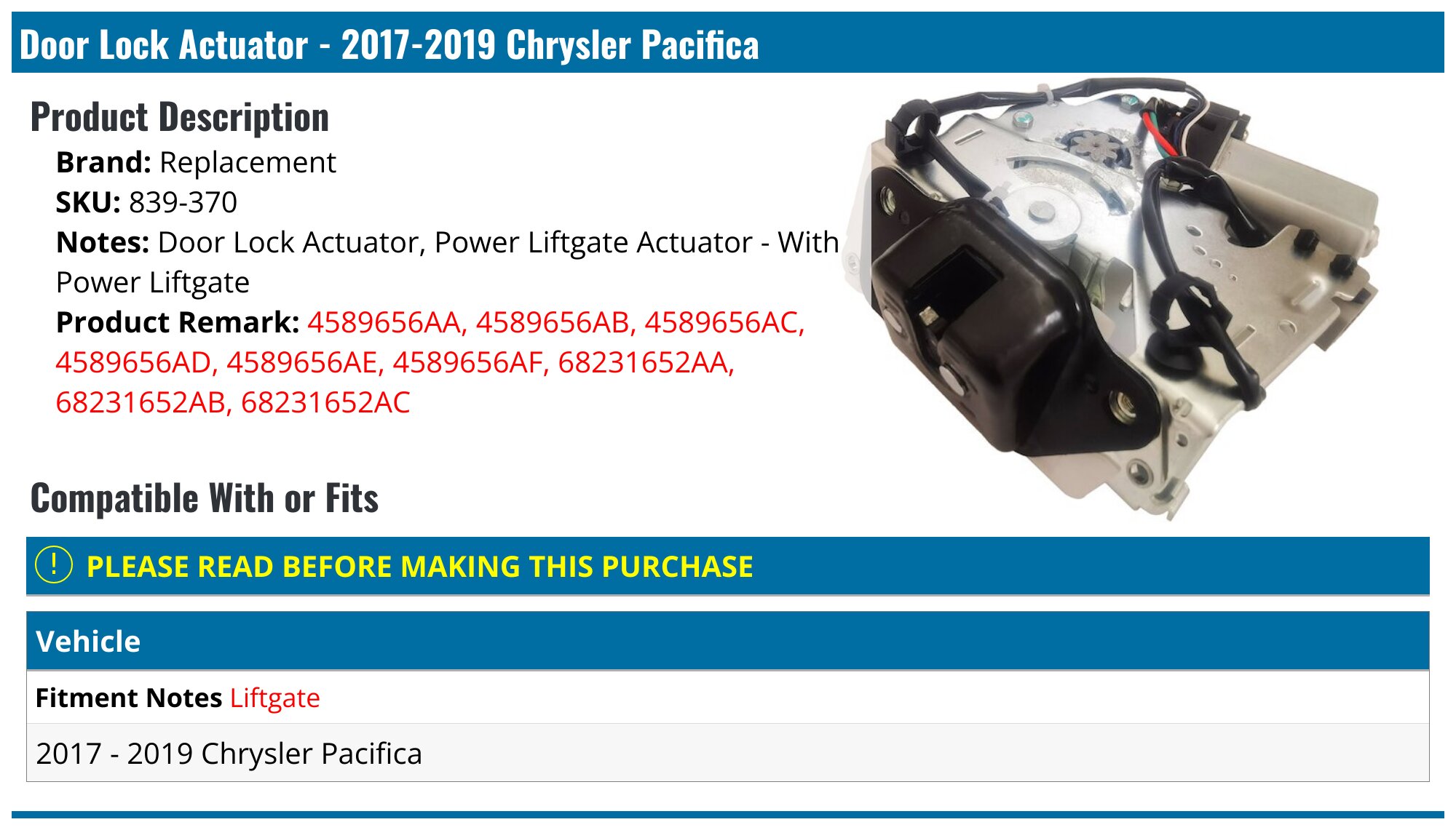 2017-2019 Chrysler Pacifica Door Lock Actuator - Replacement 839-370 ...