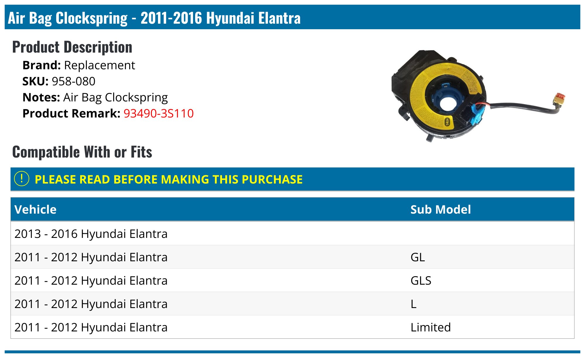 2011-2016 Hyundai Elantra Air Bag Clockspring - Replacement 958-080 ...