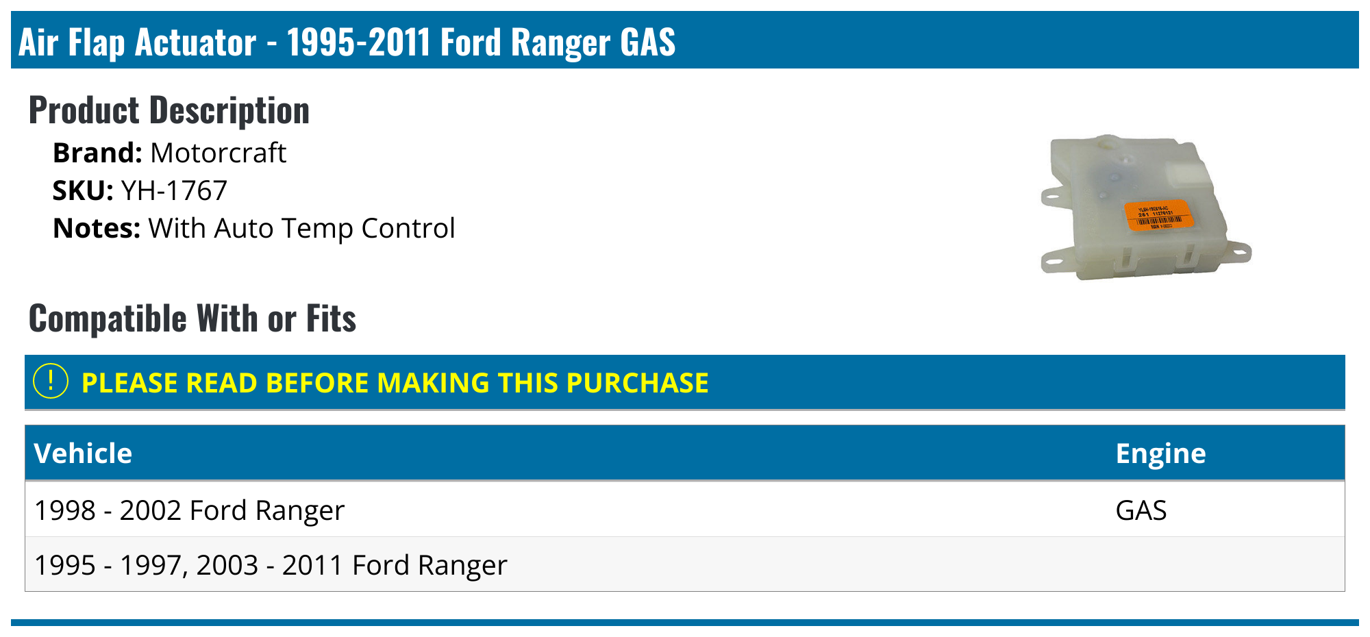 1995-2011 Ford Ranger Air Flap Actuator - Motorcraft YH-1767 ...