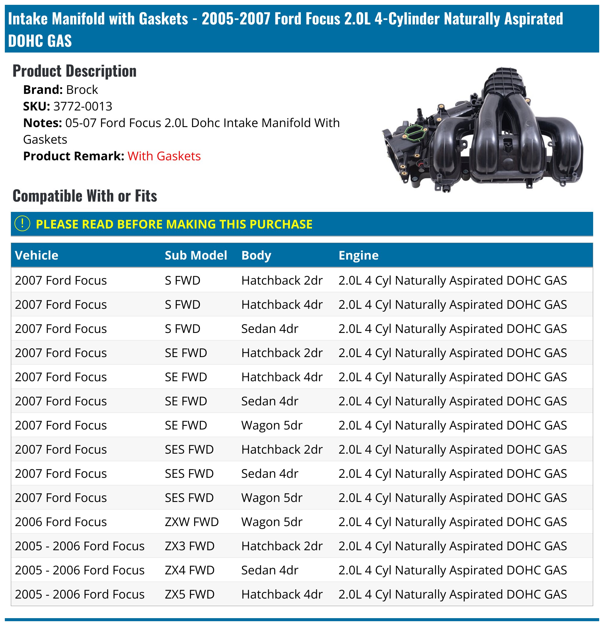 2005-2007 Ford Focus Intake Manifold - Brock 3772-0013 - PartsGeek.com