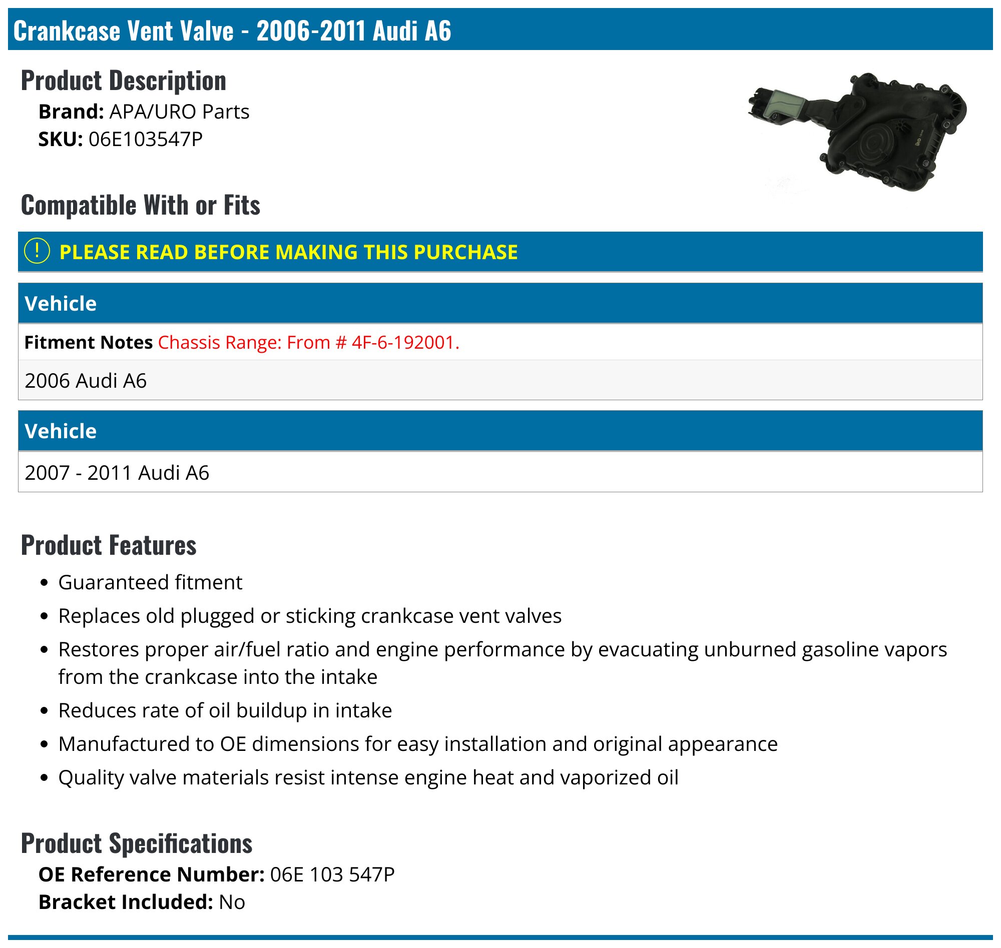 2006-2011 Audi A6 Crankcase Vent Valve - APA/URO Parts 06E103547P ...