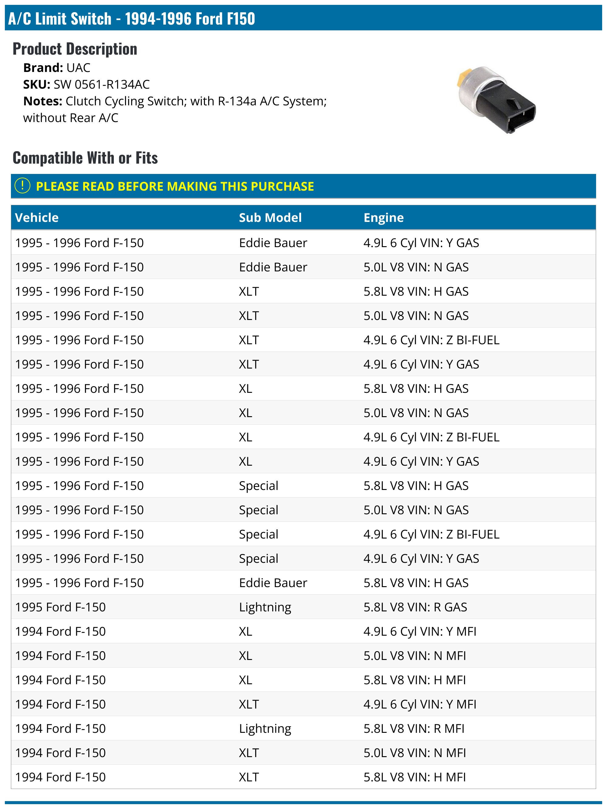 1994-1996 Ford F150 A/C Limit Switch - UAC SW 0561-R134AC - PartsGeek.com