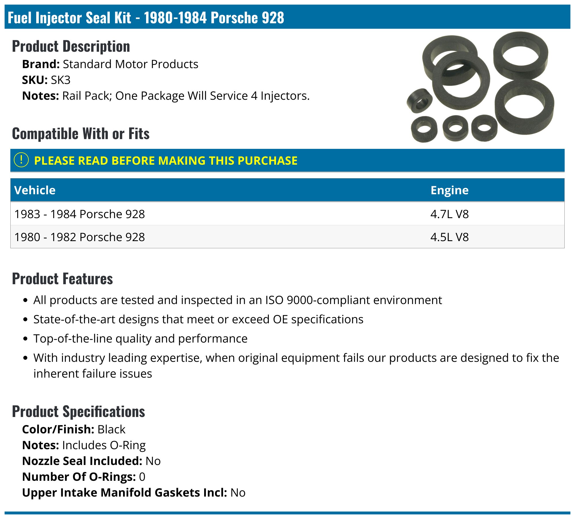 1980-1984 Porsche 928 Fuel Injector Seal - Standard Motor Products SK3 ...