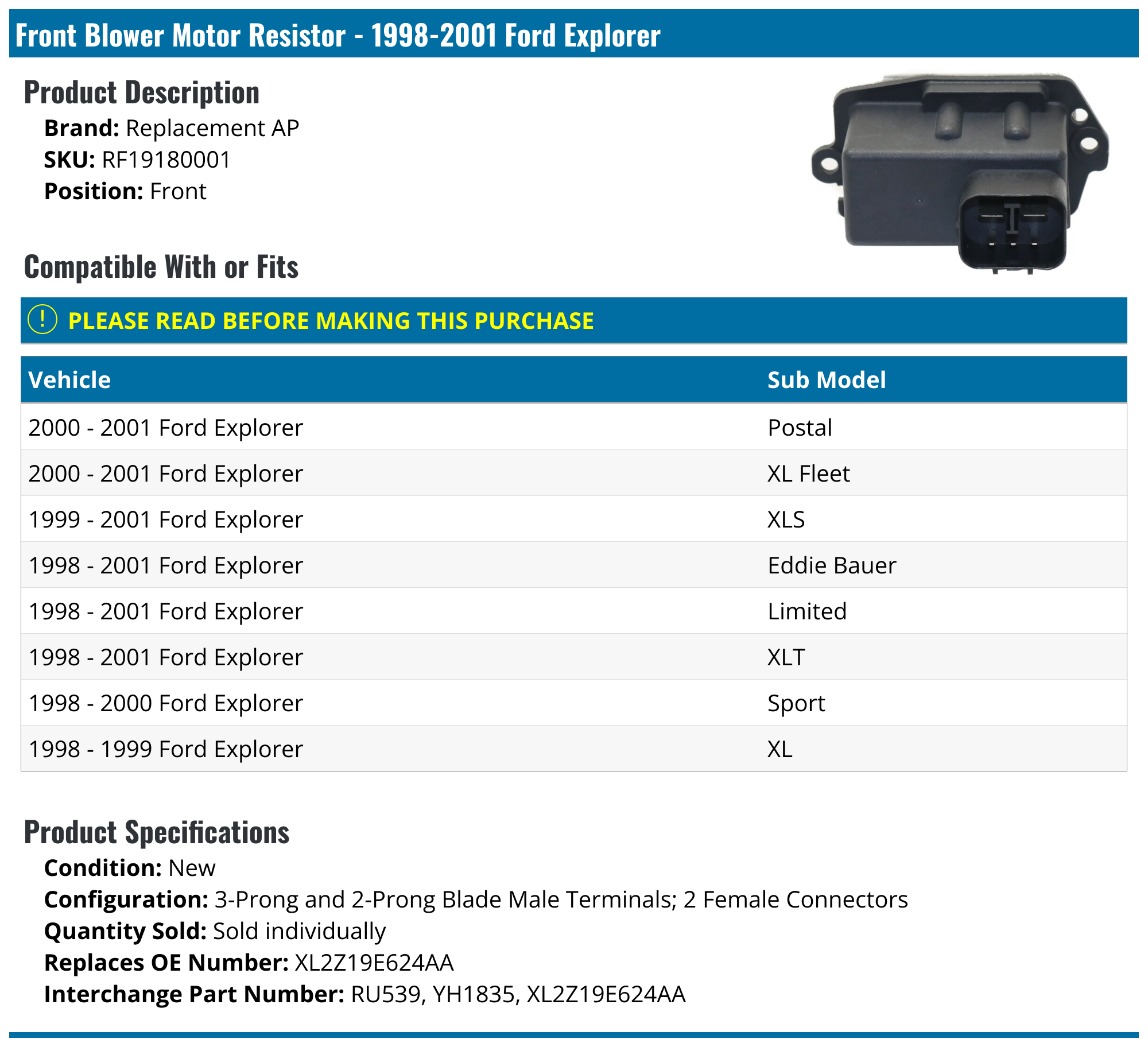 1998-2001 Ford Explorer Blower Motor Resistor - Replacement AP ...