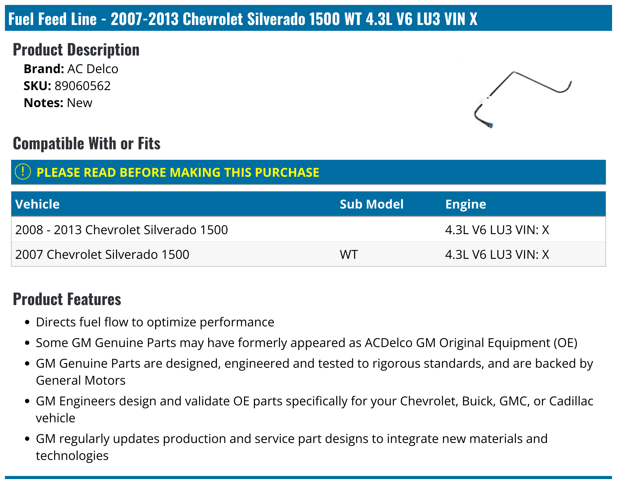 2007-2013 Chevrolet Silverado 1500 Fuel Feed Line - AC Delco 89060562 ...