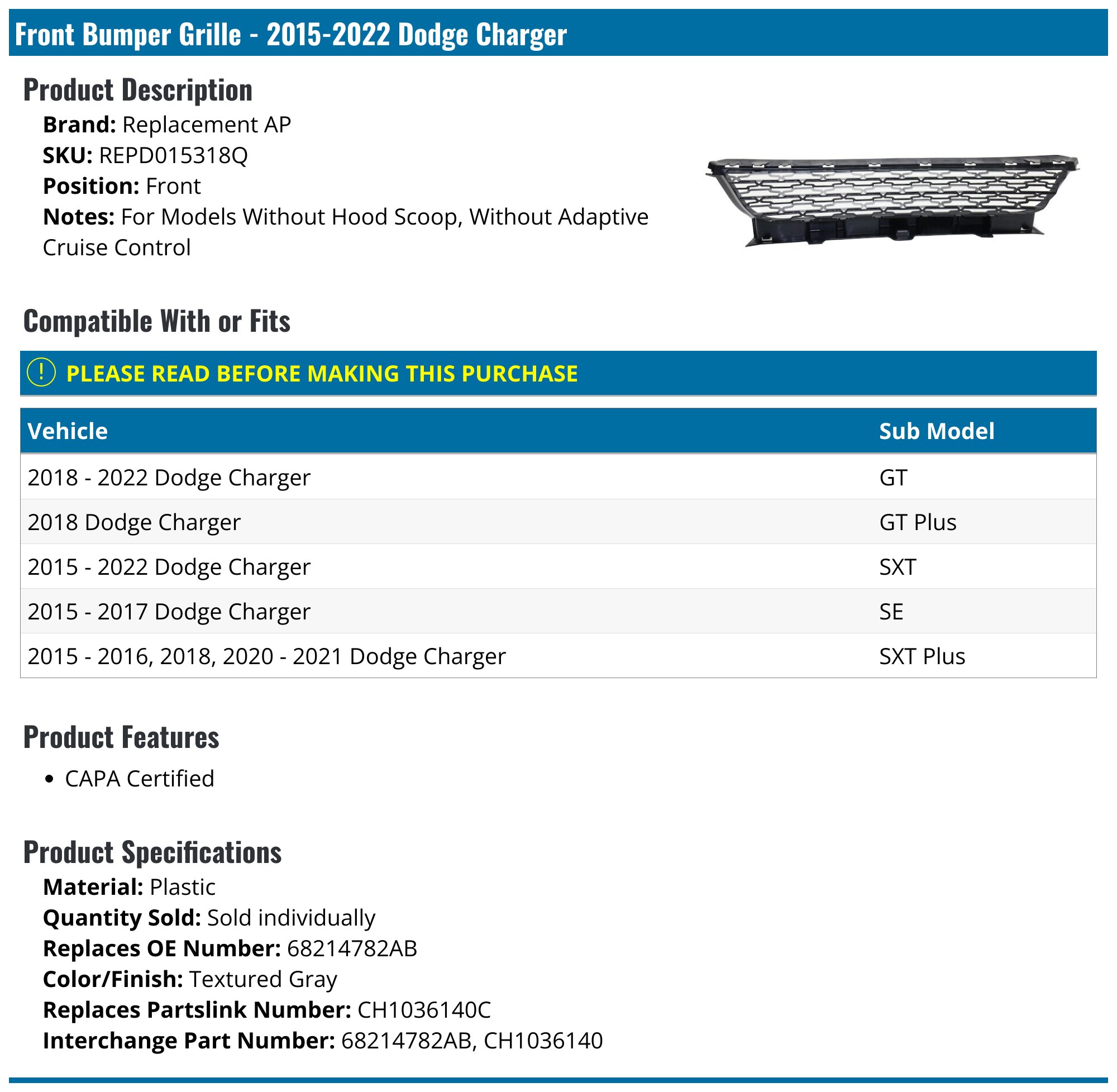 2015-2023 Dodge Charger Grille Assembly - Replacement AP REPD015318Q ...
