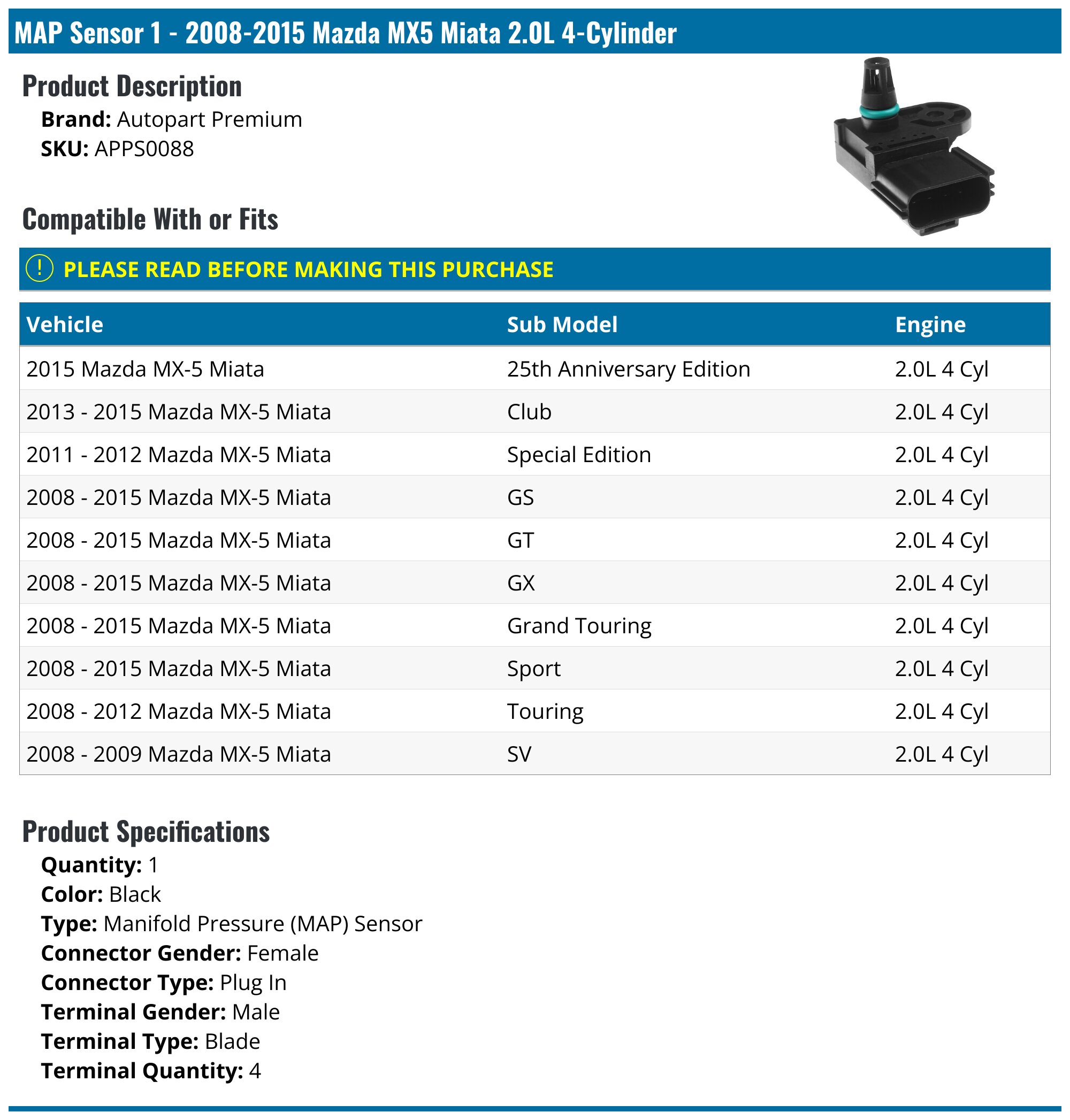 2008-2015 Mazda MX5 Miata MAP Sensor - Autopart Premium APPS0088 ...