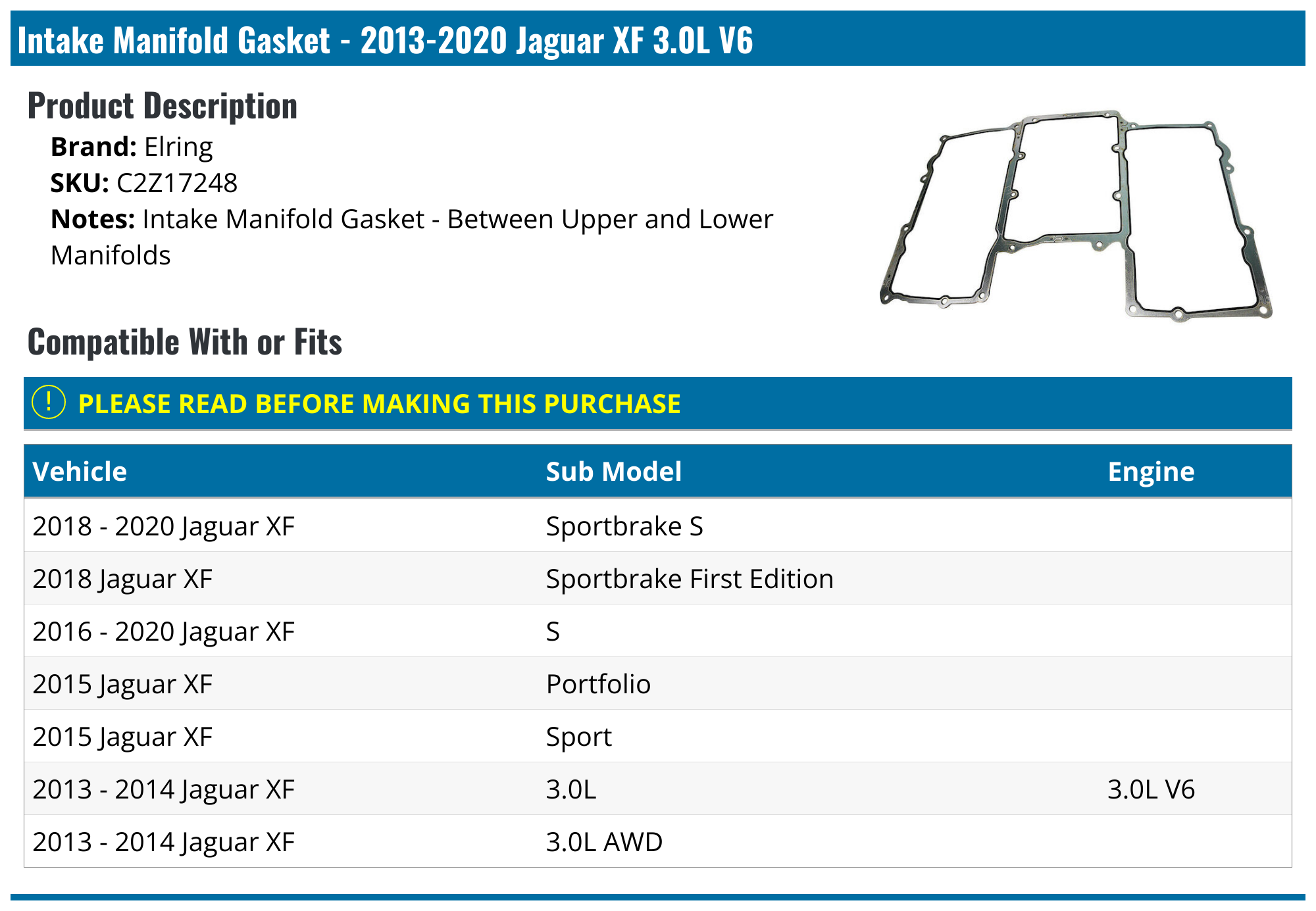 2013-2020 Jaguar XF Intake Manifold Gasket - Elring C2Z17248 ...
