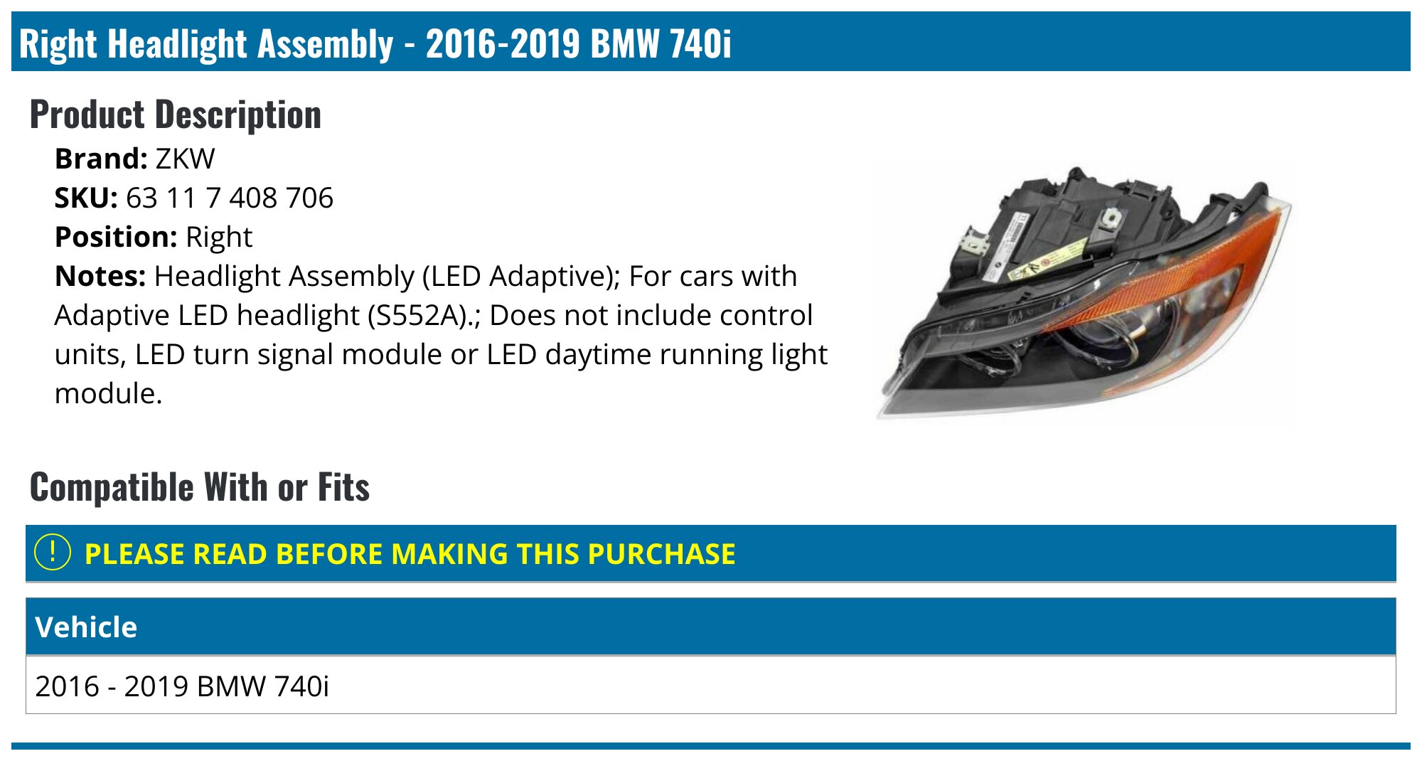 2016-2019 BMW 740i Headlight Assembly - ZKW 63 11 7 408 706 - Right ...
