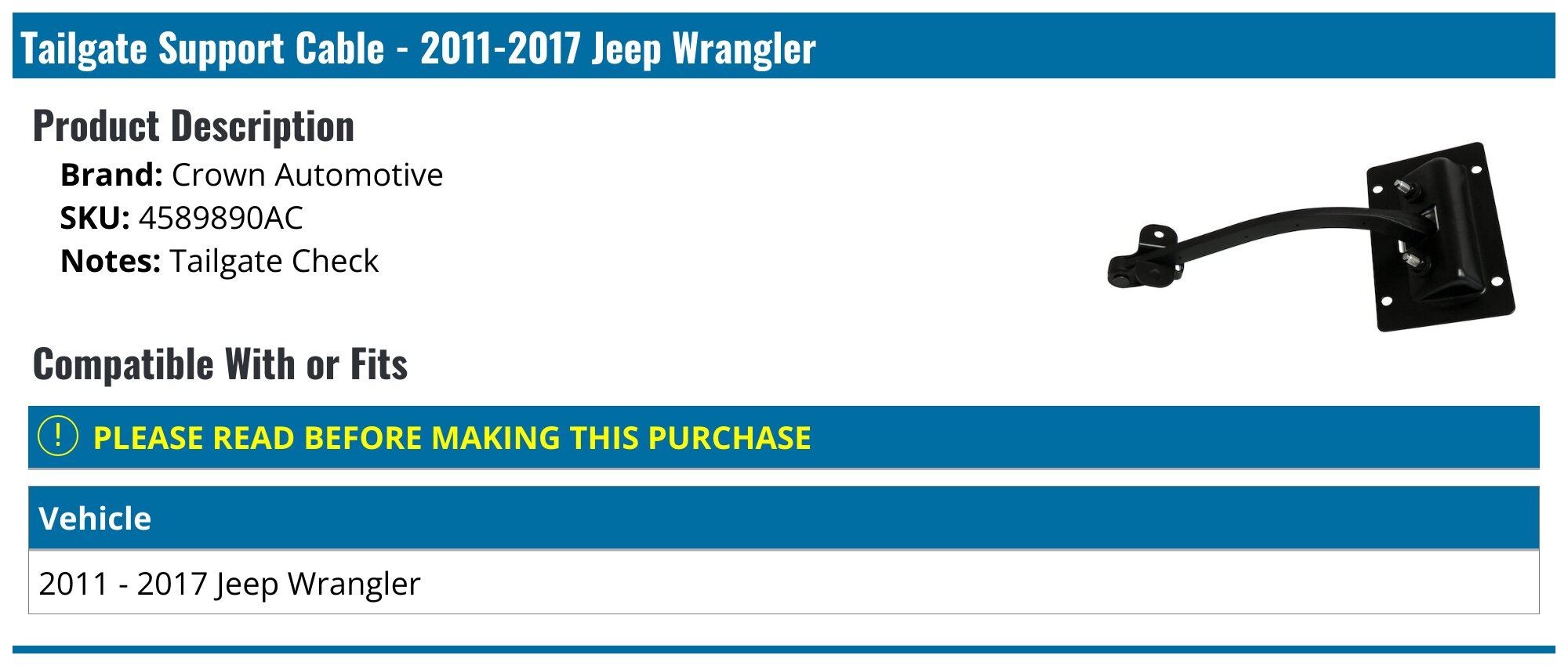 2011-2017 Jeep Wrangler Tailgate Cable - Crown Automotive 4589890AC ...