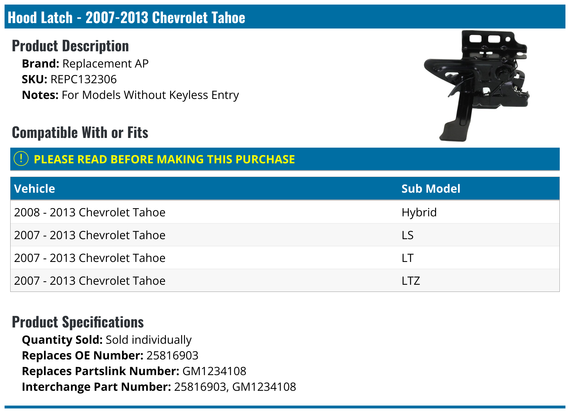 2007-2014 Chevrolet Tahoe Hood Latch - Replacement AP REPC132306 ...