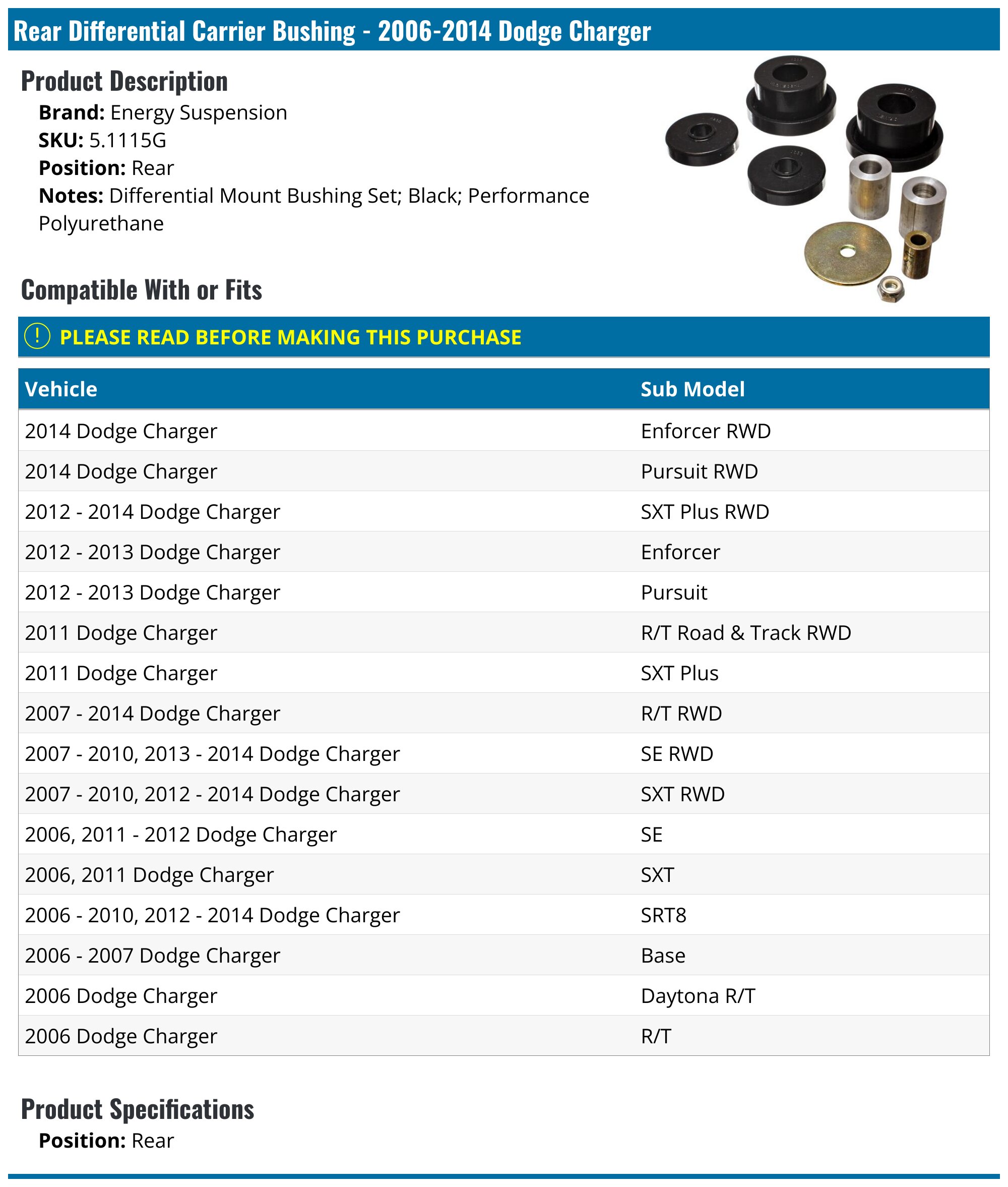 2006-2014 Dodge Charger Differential Mount Bushing - Energy Suspension ...