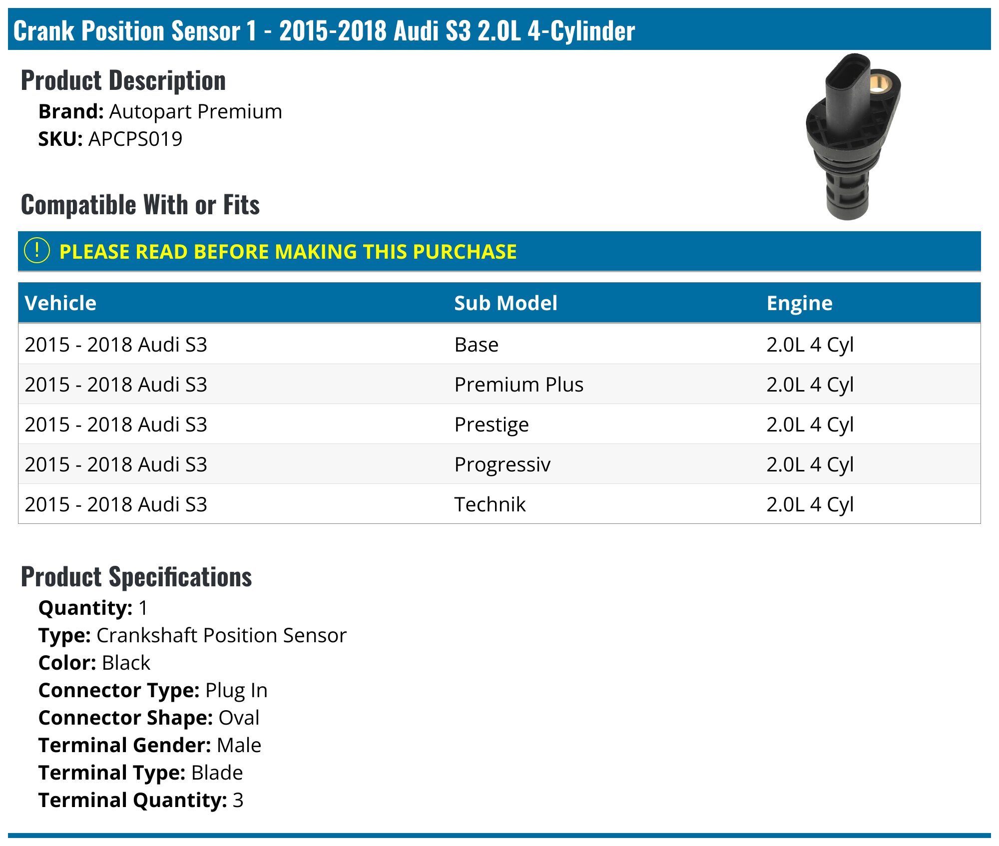 2015-2018 Audi S3 Crank Position Sensor - Autopart Premium APCPS019 ...
