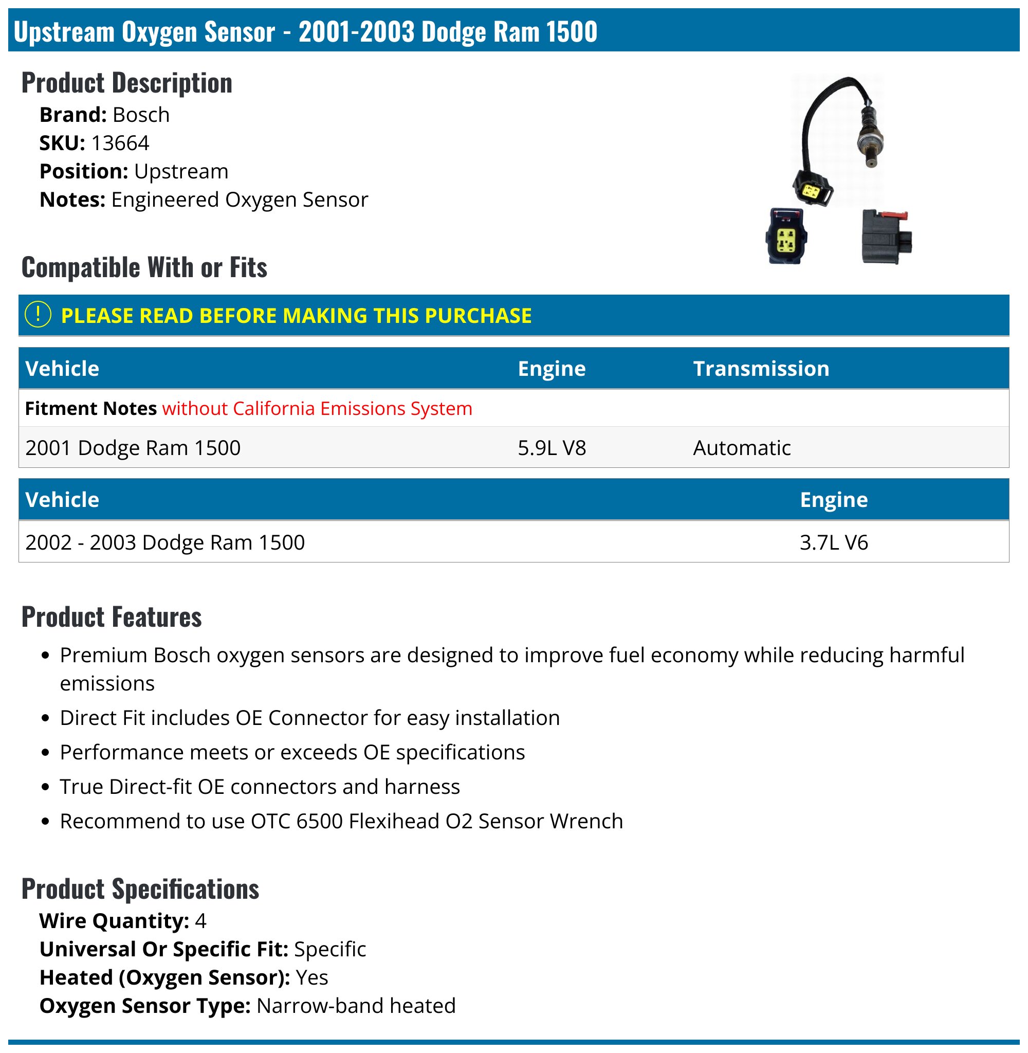 2001-2003 Dodge Ram 1500 Oxygen Sensor - Bosch 13664 - Upstream ...