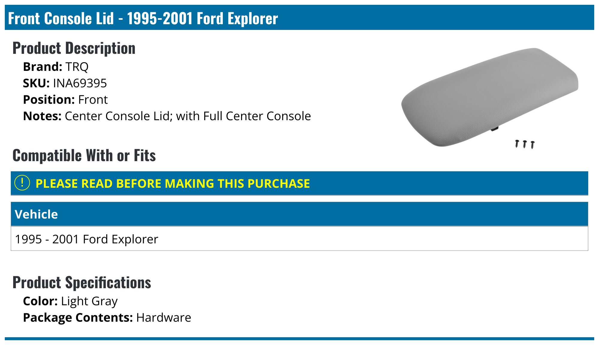 1995-2001 Ford Explorer Console Lid - TRQ INA69395 - Front - PartsGeek.com