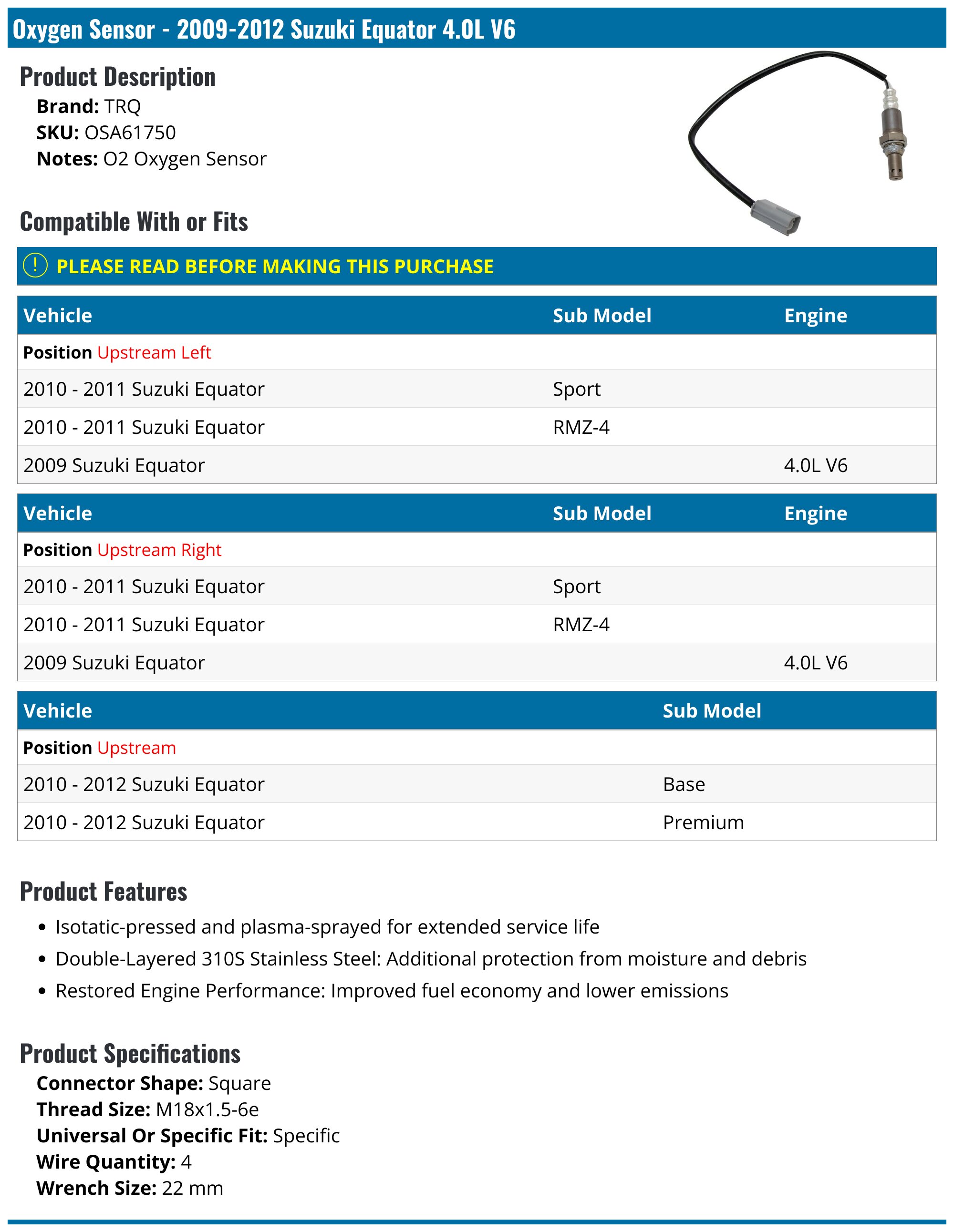 2009-2012 Suzuki Equator Oxygen Sensor - TRQ OSA61750 - Upstream Right ...