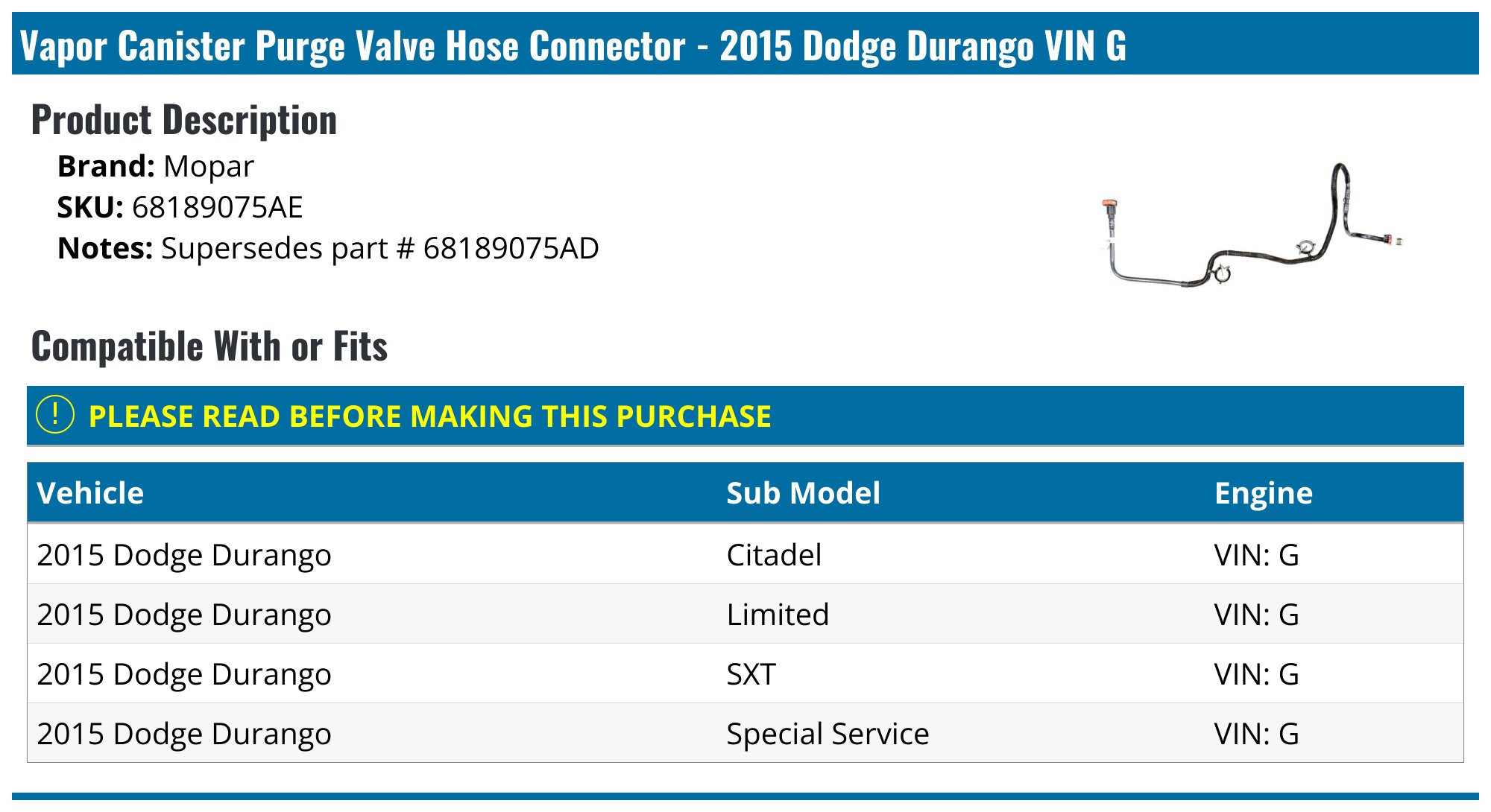 2015 Dodge Durango Vapor Canister Purge Valve Hose Connector - Mopar ...