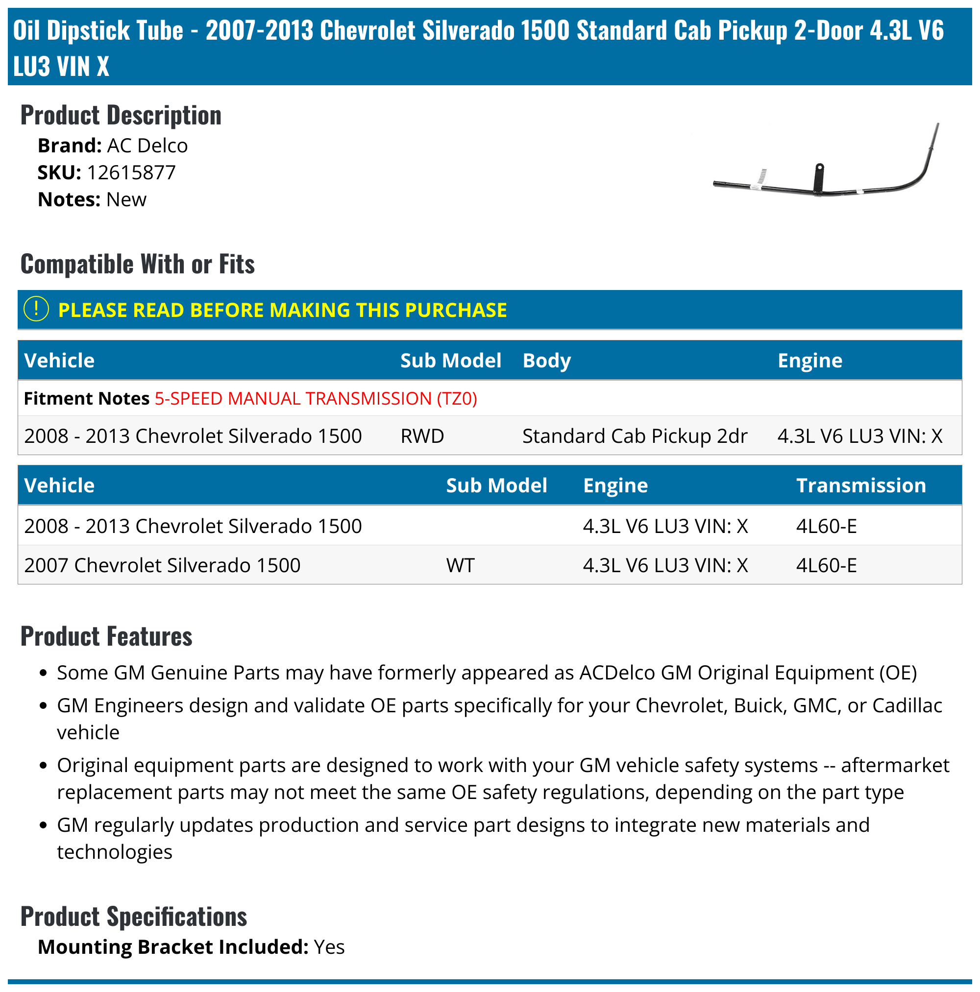 2007-2013 Chevrolet Silverado 1500 Oil Dipstick Tube - AC Delco ...