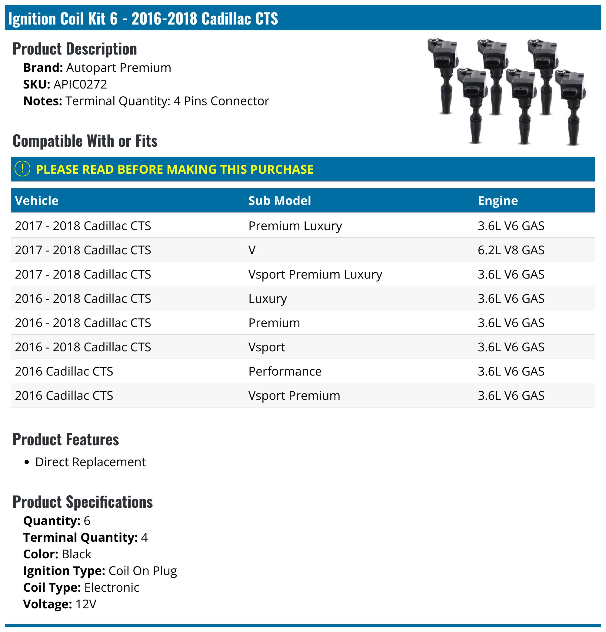2016-2018 Cadillac CTS Ignition Coil - Autopart Premium APIC0272 ...
