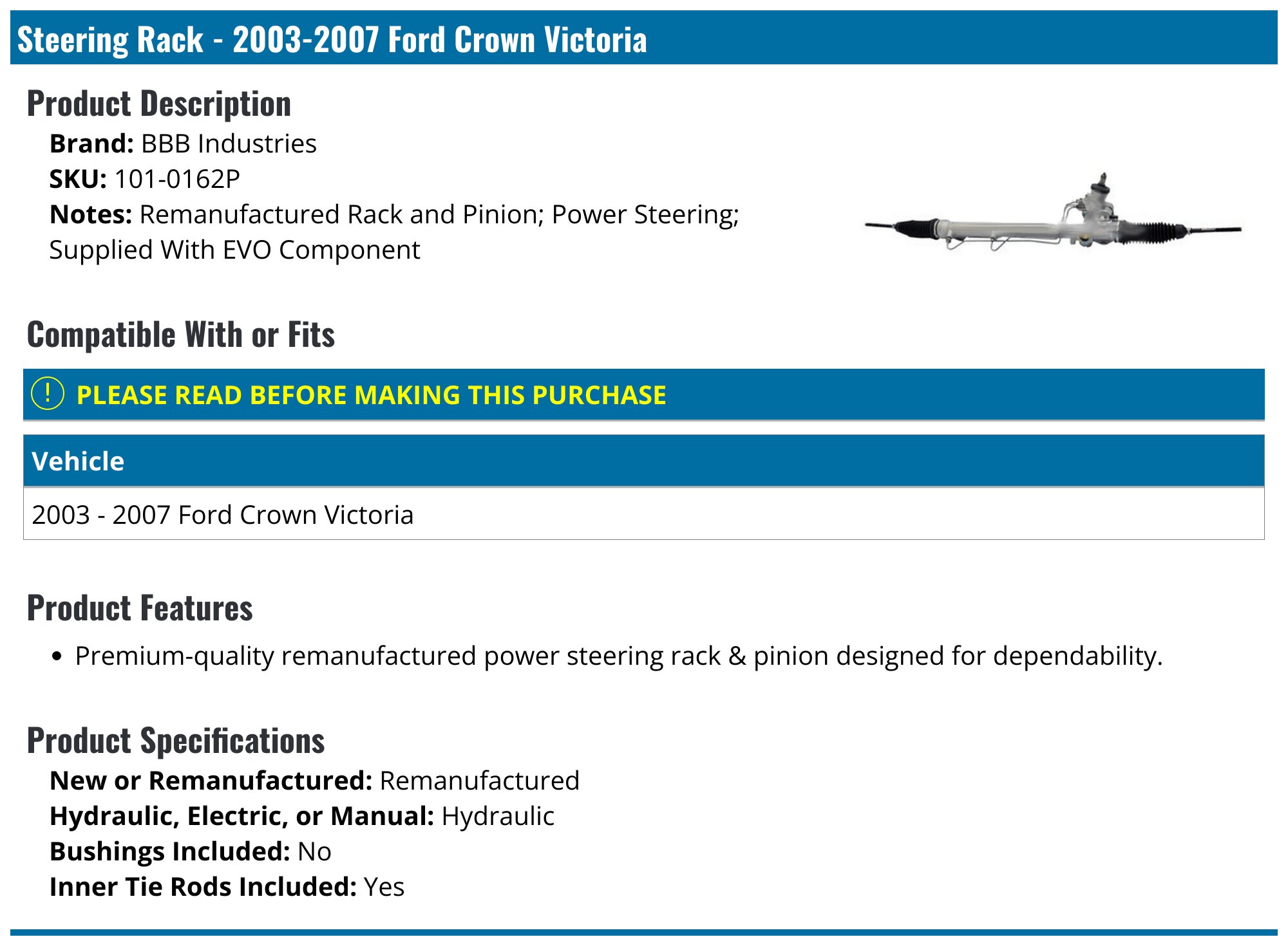 2003-2007 Ford Crown Victoria Steering Rack - BBB Industries 101-0162P ...