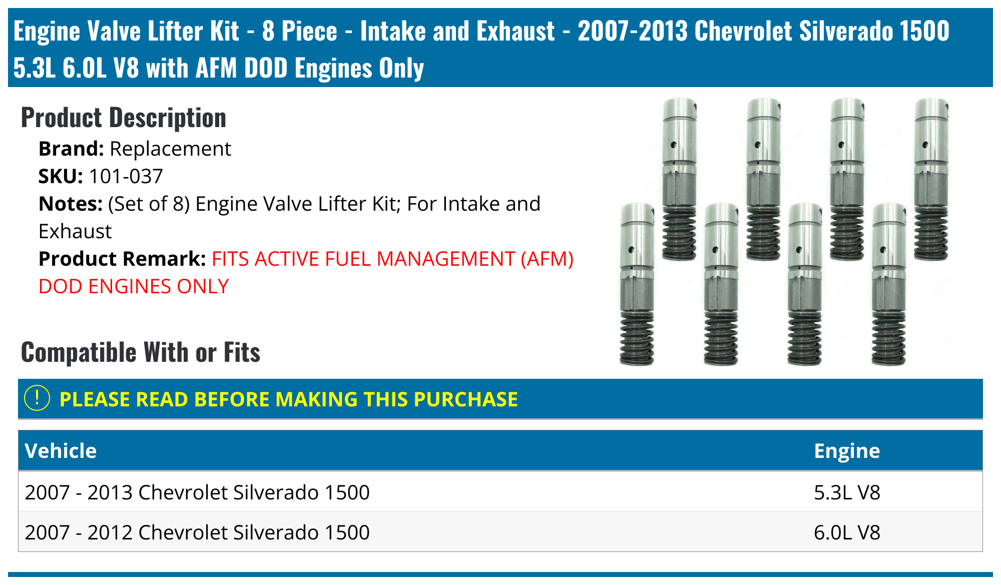 2007-2013 Chevrolet Silverado 1500 Valve Lifter - Replacement 101-037 ...