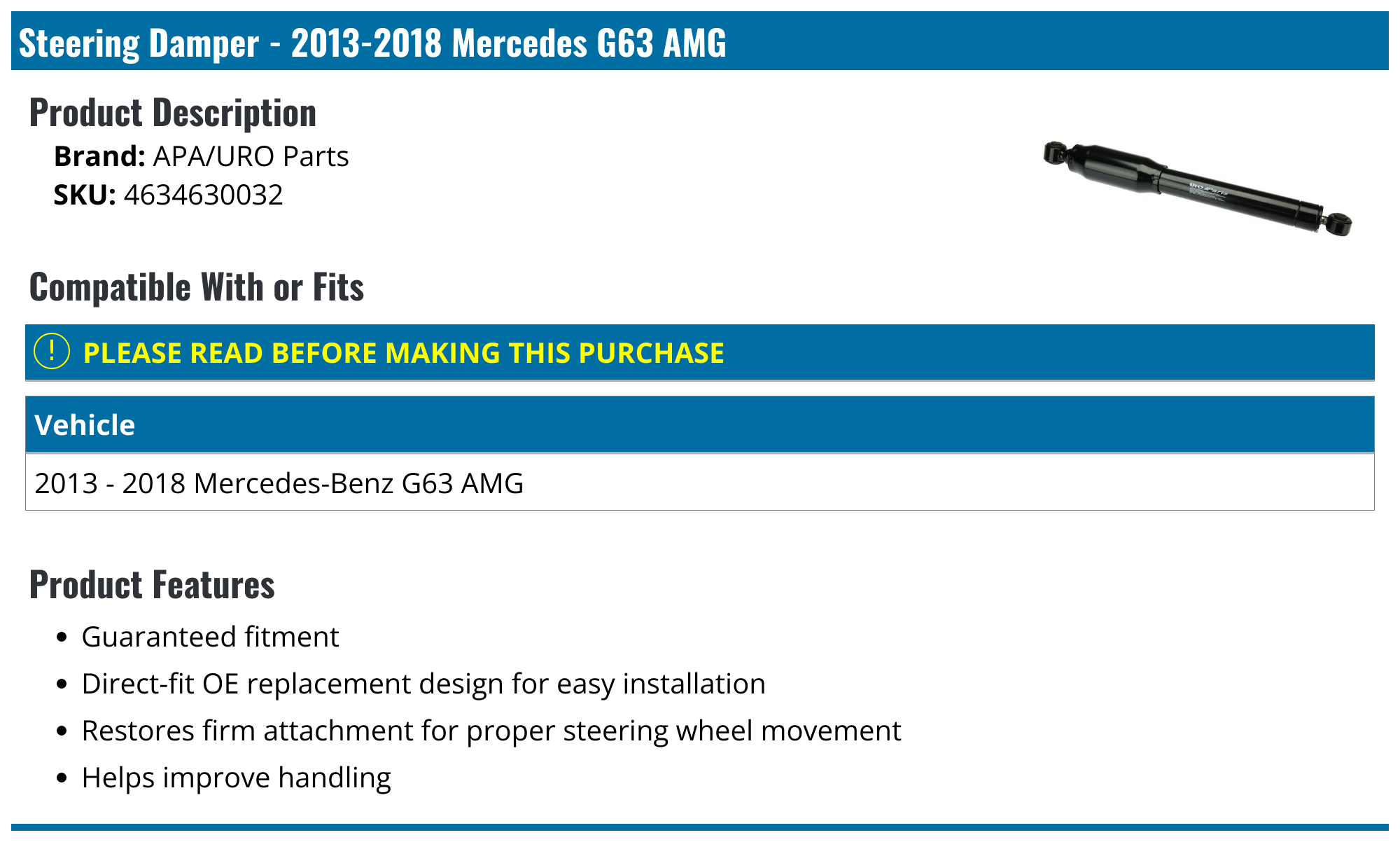 2013-2018 Mercedes G63 AMG Steering Damper - APA/URO Parts 4634630032 ...