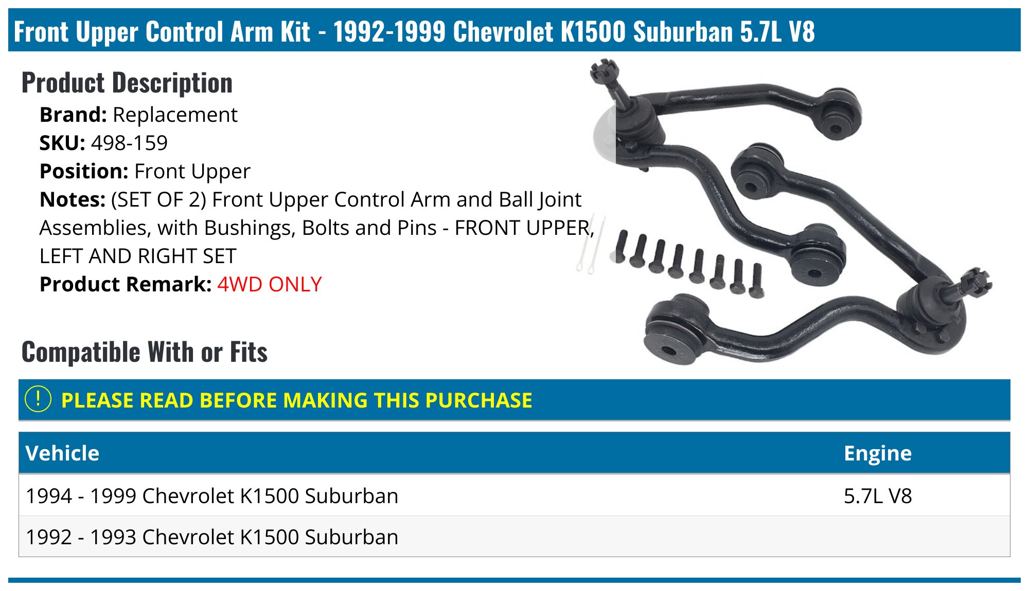 1992-1999 Chevrolet K1500 Suburban Control Arm - Replacement 498-159 ...
