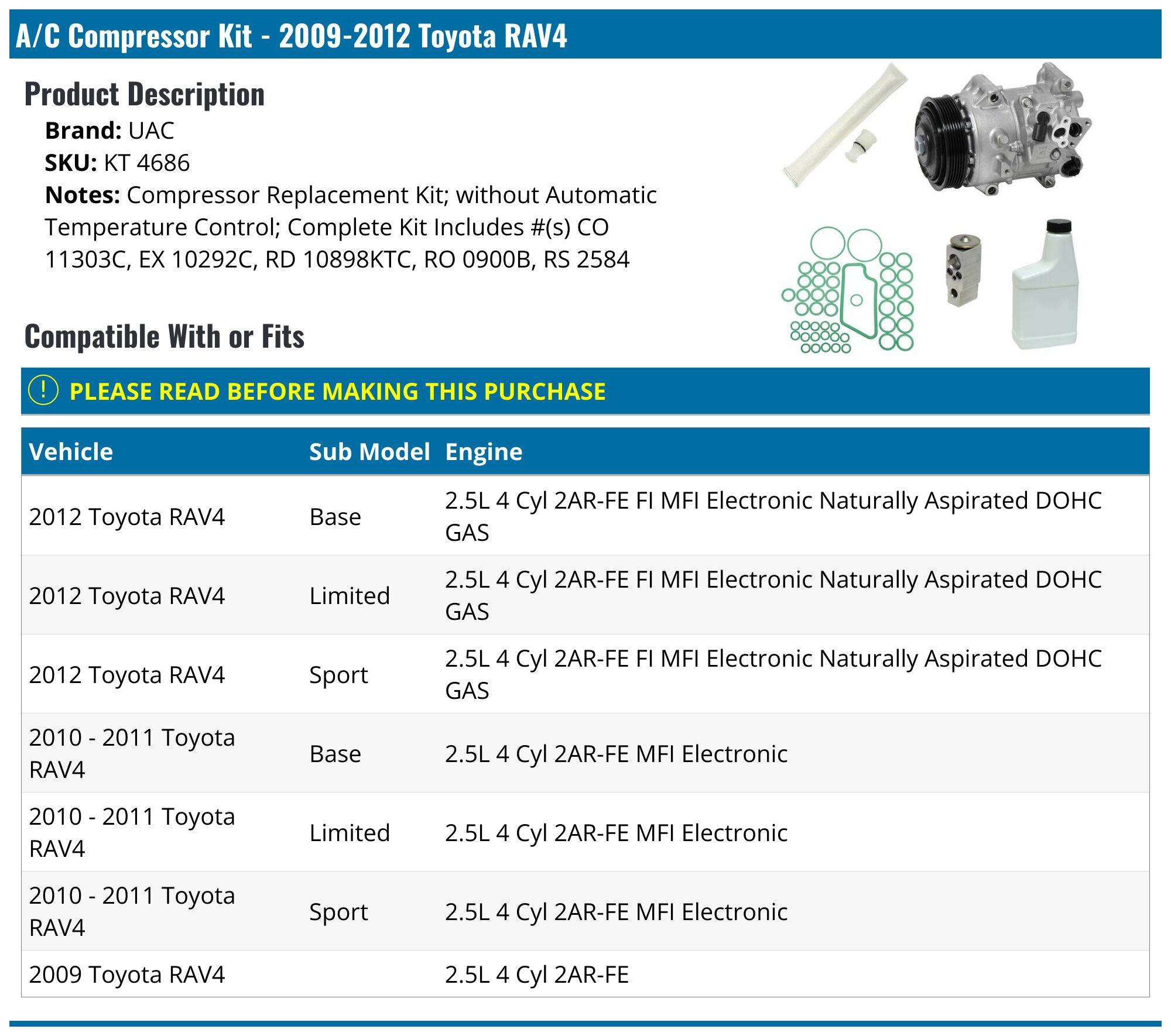 2009-2012 Toyota RAV4 A/C Compressor - UAC KT 4686 - PartsGeek.com
