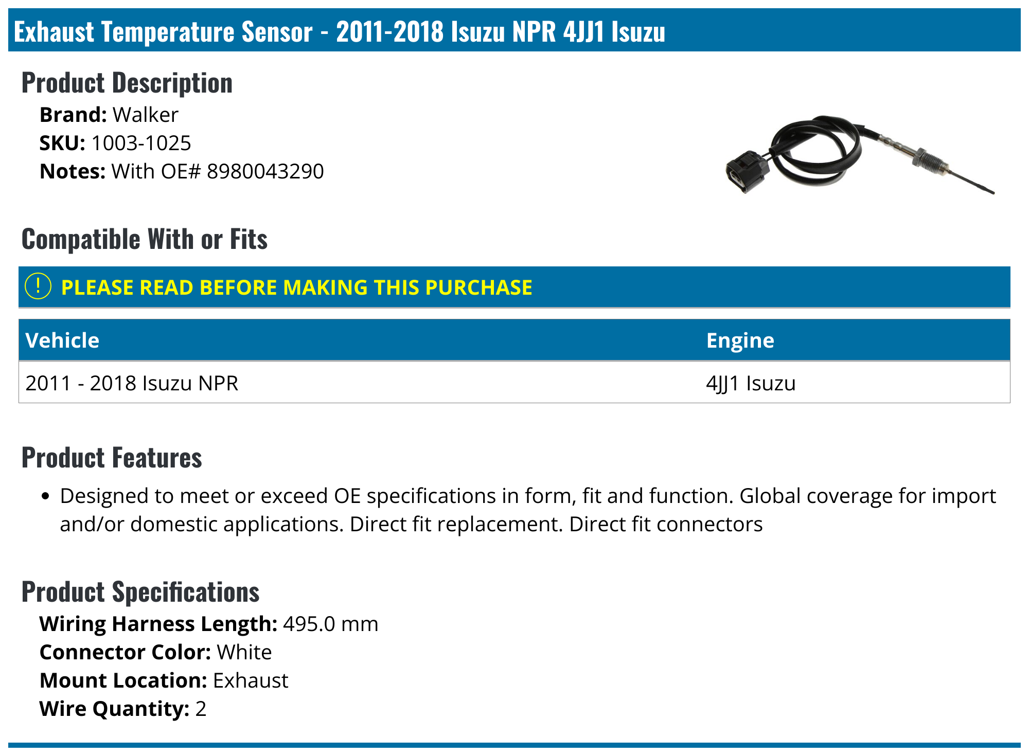 2011-2018 Isuzu NPR Exhaust Temperature Sensor - Walker 1003-1025 ...