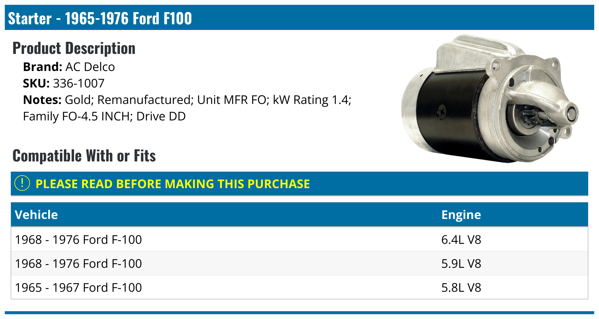 1965-1976 Ford F100 Starter - AC Delco 336-1007 - PartsGeek.com