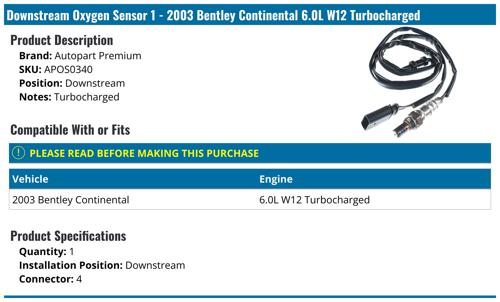 2003 Bentley Continental Oxygen Sensor - Autopart Premium APOS0340 ...
